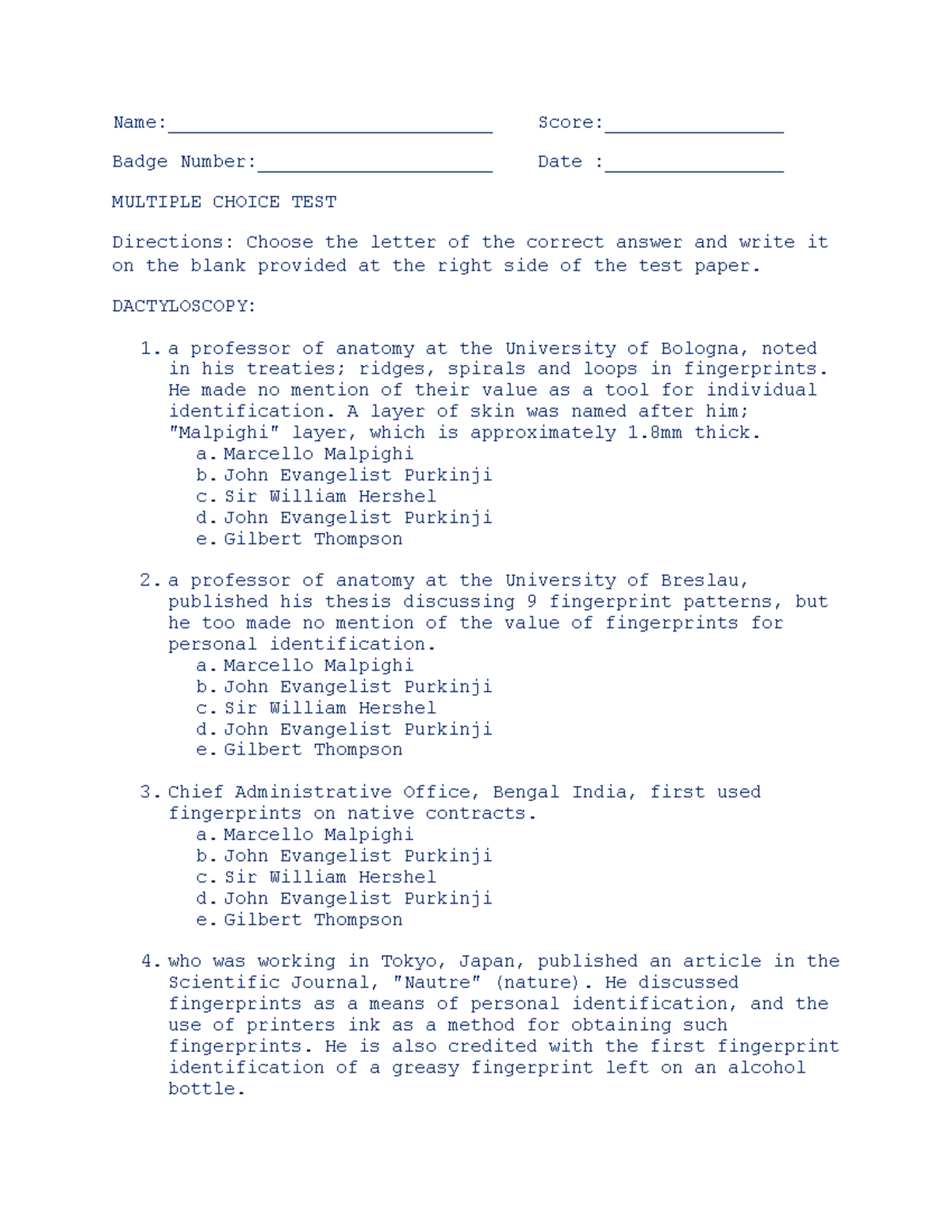 DACTYLOSCOPY: Multiple Choice Test Pre-Exam Review Guide - Studocu