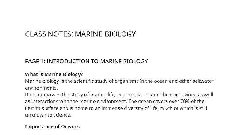 Marine Biology Class Notes: Introduction & Ecosystems Overview - Studocu