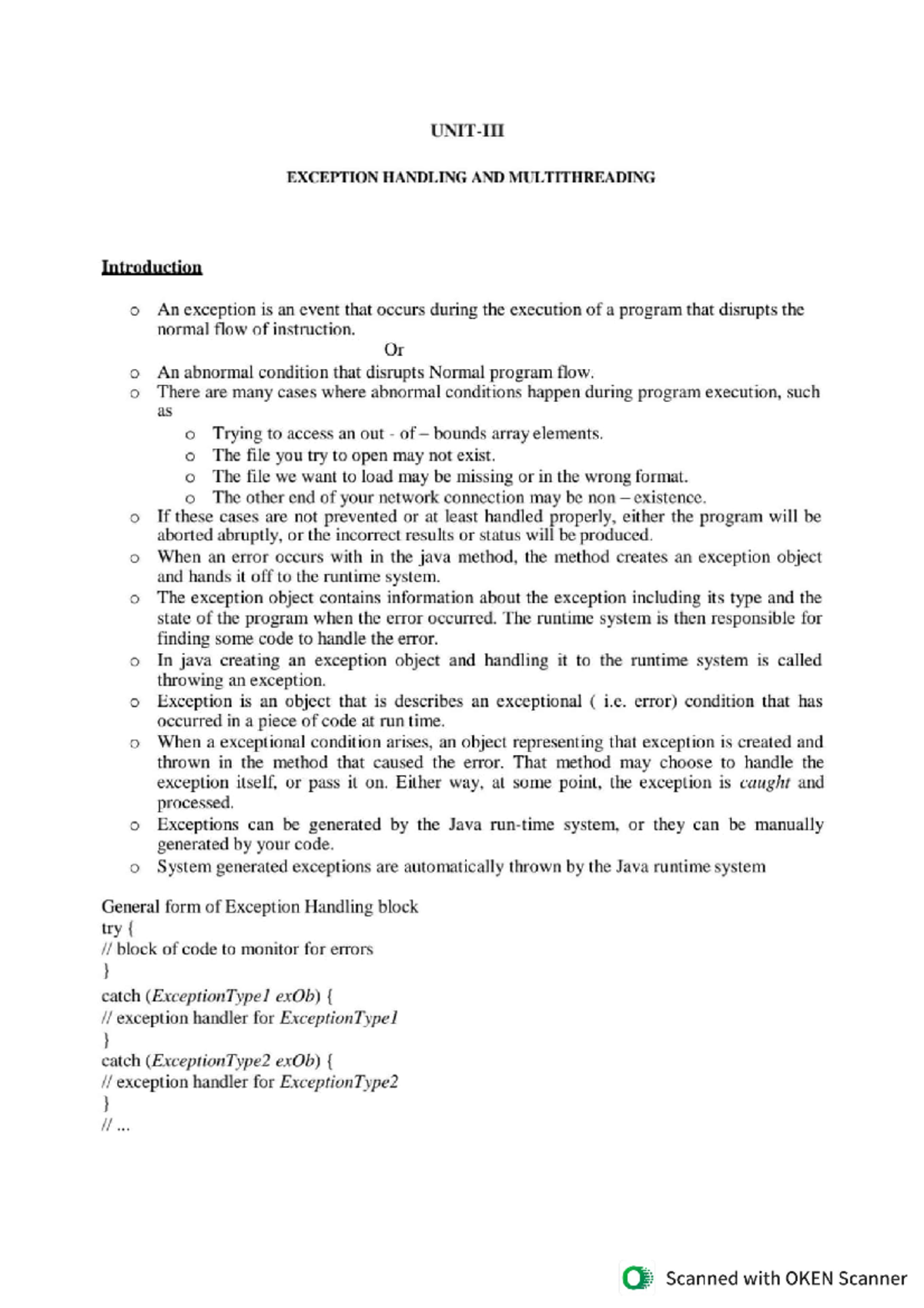 Exception Handling and Multithreading in Java - Computer Science Engineering - Studocu