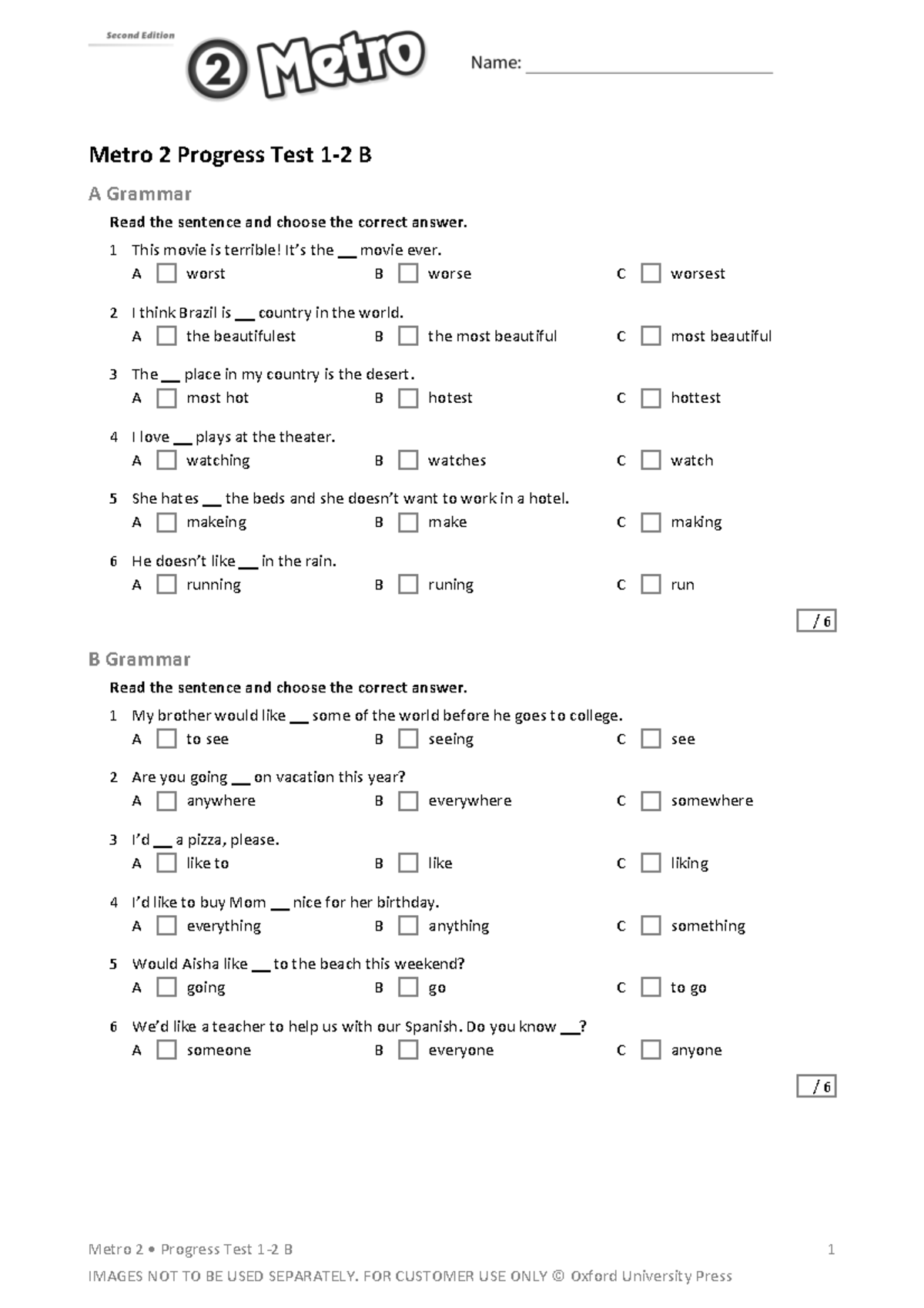 Metro 2 Progress Test B: Grammar, Vocabulary, and Listening Exercises ...