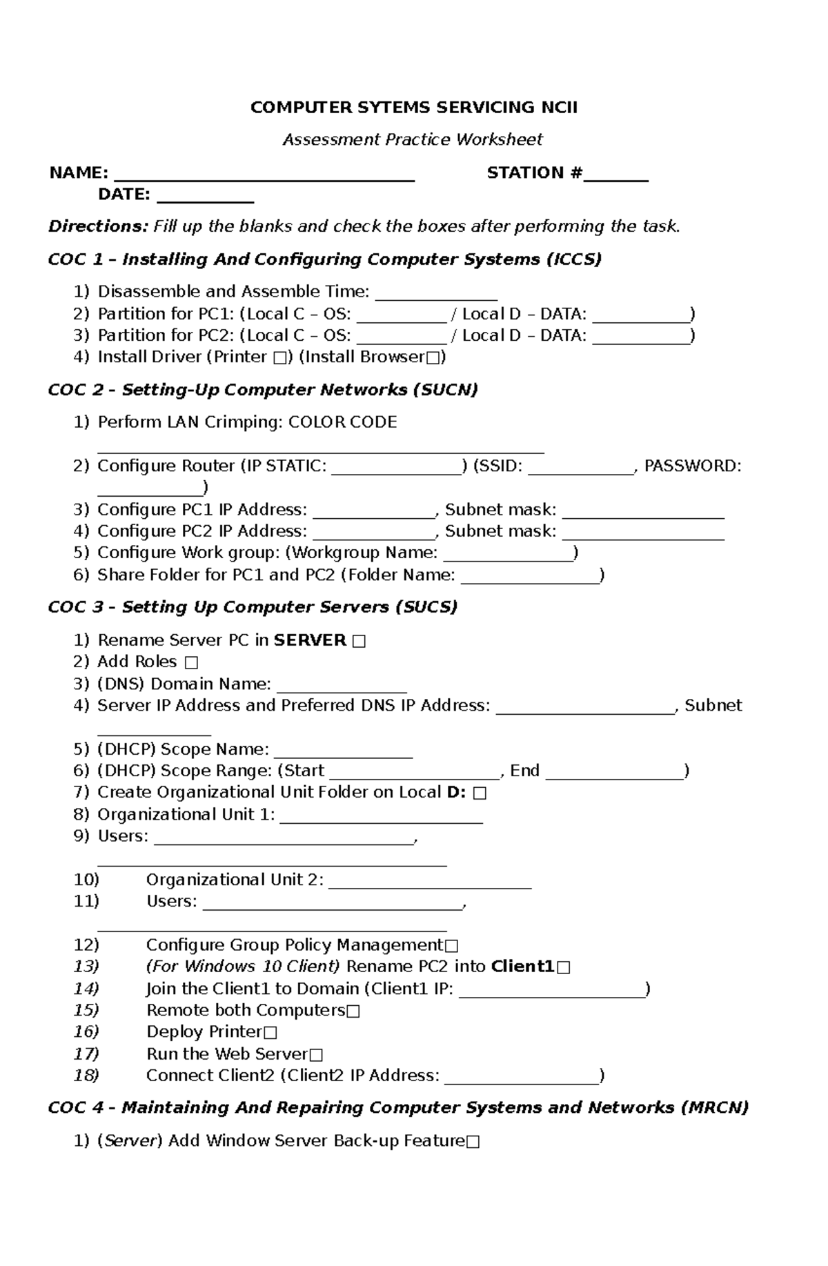 COMPUTER SYSTEMS SERVICING NCII Assessment Practice Worksheet - Studocu