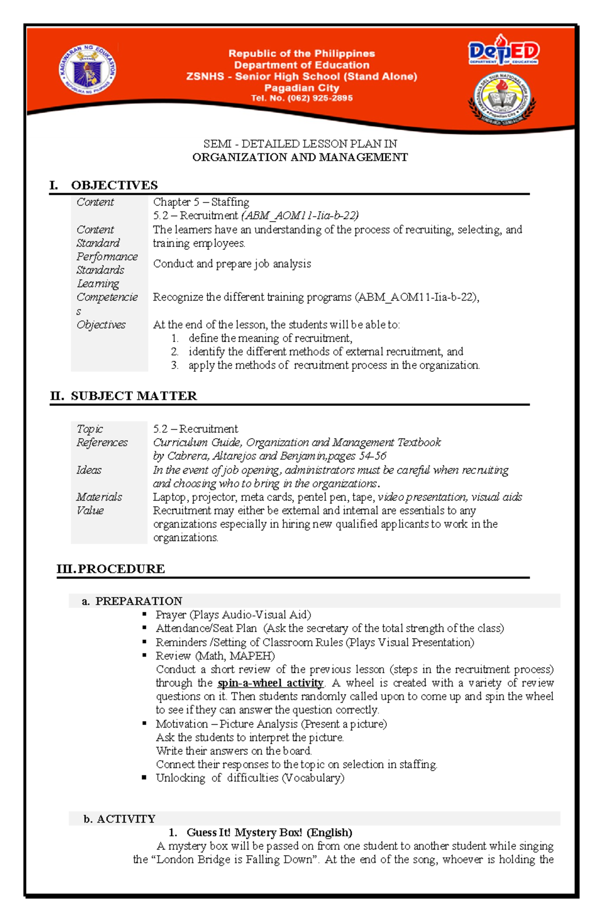 ABM_AOM11 Semi-Detailed Lesson Plan: Chapter 5 - Recruitment Strategies ...