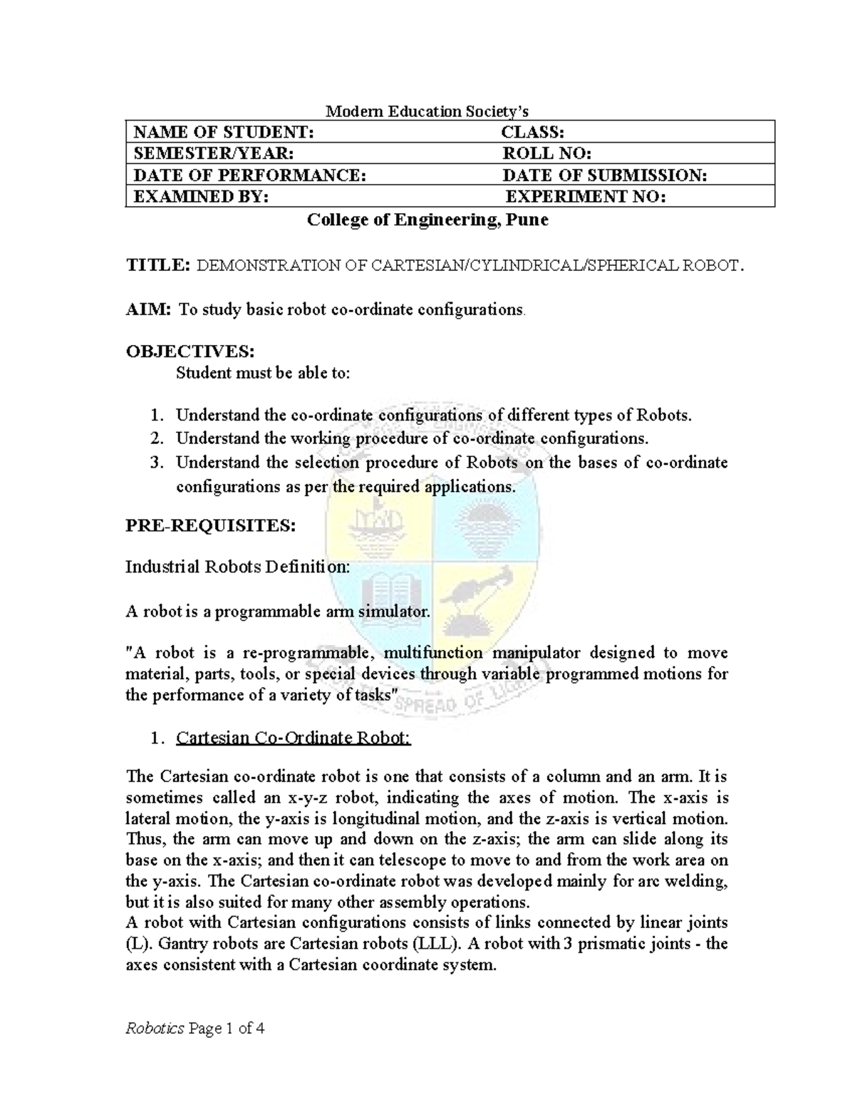Robotics 101: Understanding Basic Robot Configurations - Studocu