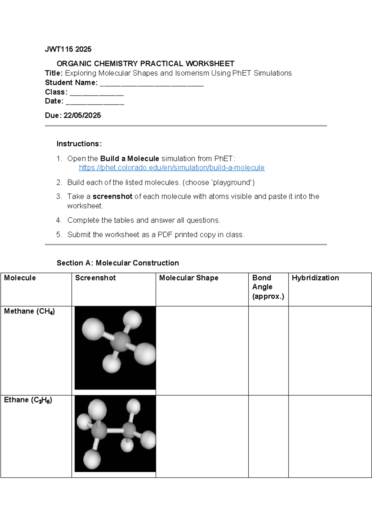JWT115 Organic Chemistry Practical: Molecular Shapes & Isomerism - Studocu
