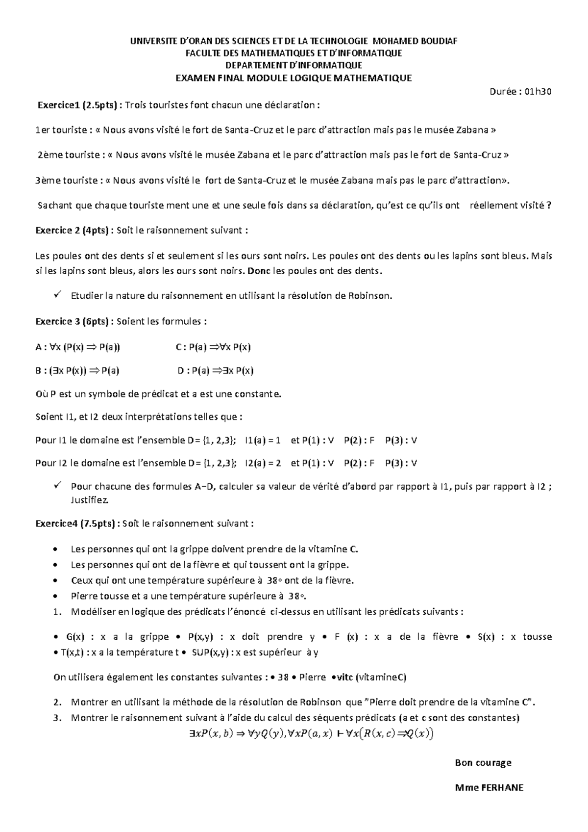 Examen LOG 2018 - University USTO LOG L2 Informatique LMD - FACULTE DES ...