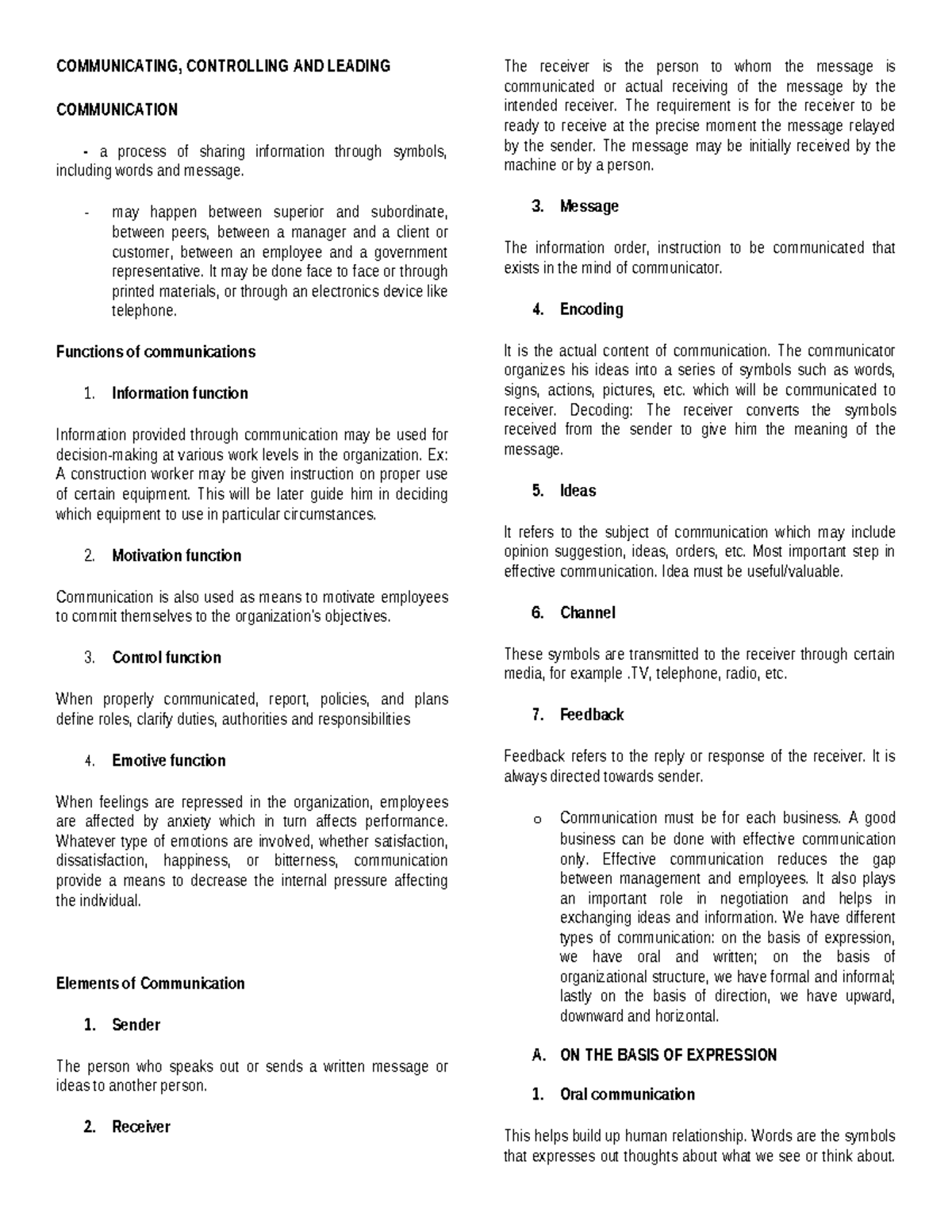 Management compiled files for finals - COMMUNICATING, CONTROLLING AND ...