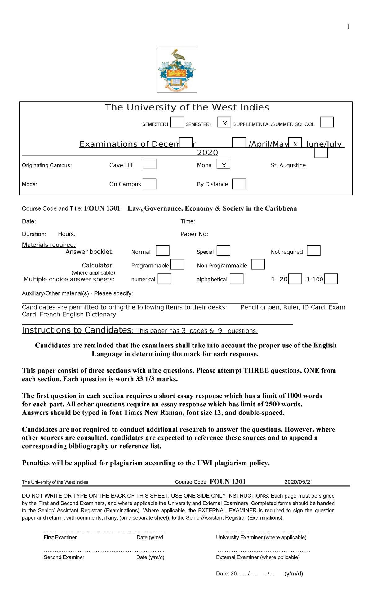 Past Paper 2020: FOUN 1301 Law, Governance, Economy & Society Exam ...