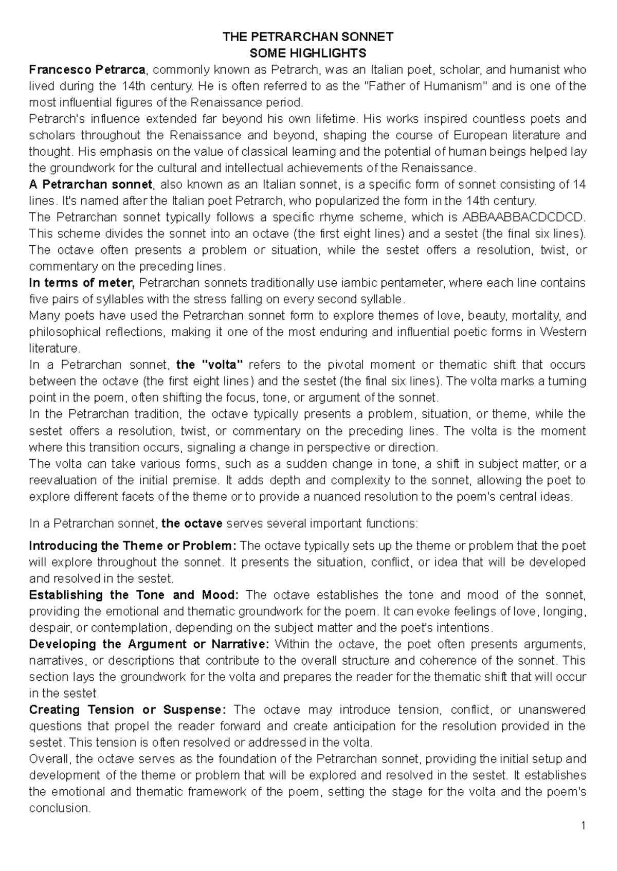 Petrarchan Sonnet Analysis: Structure, Theme, and Volta Insights - Studocu