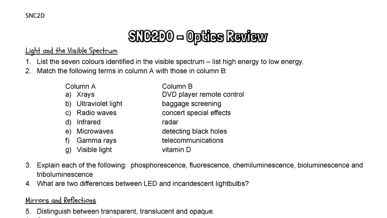 SNC2D Optics Review 2024: Light, Reflection, and Refraction Concepts ...
