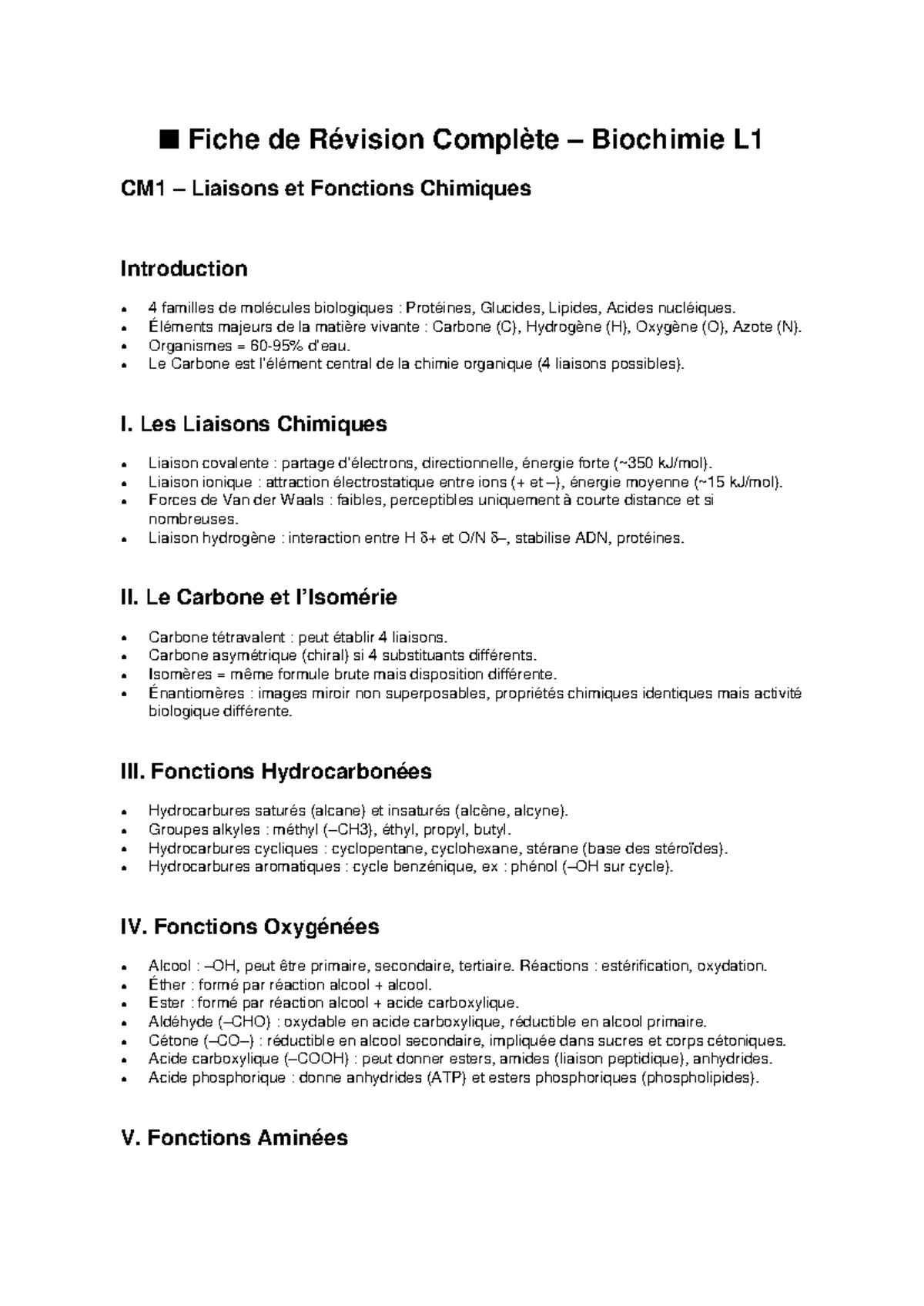 Fiche de Révision Biochimie L1 CM1 : Liaisons et Fonctions Chimiques ...