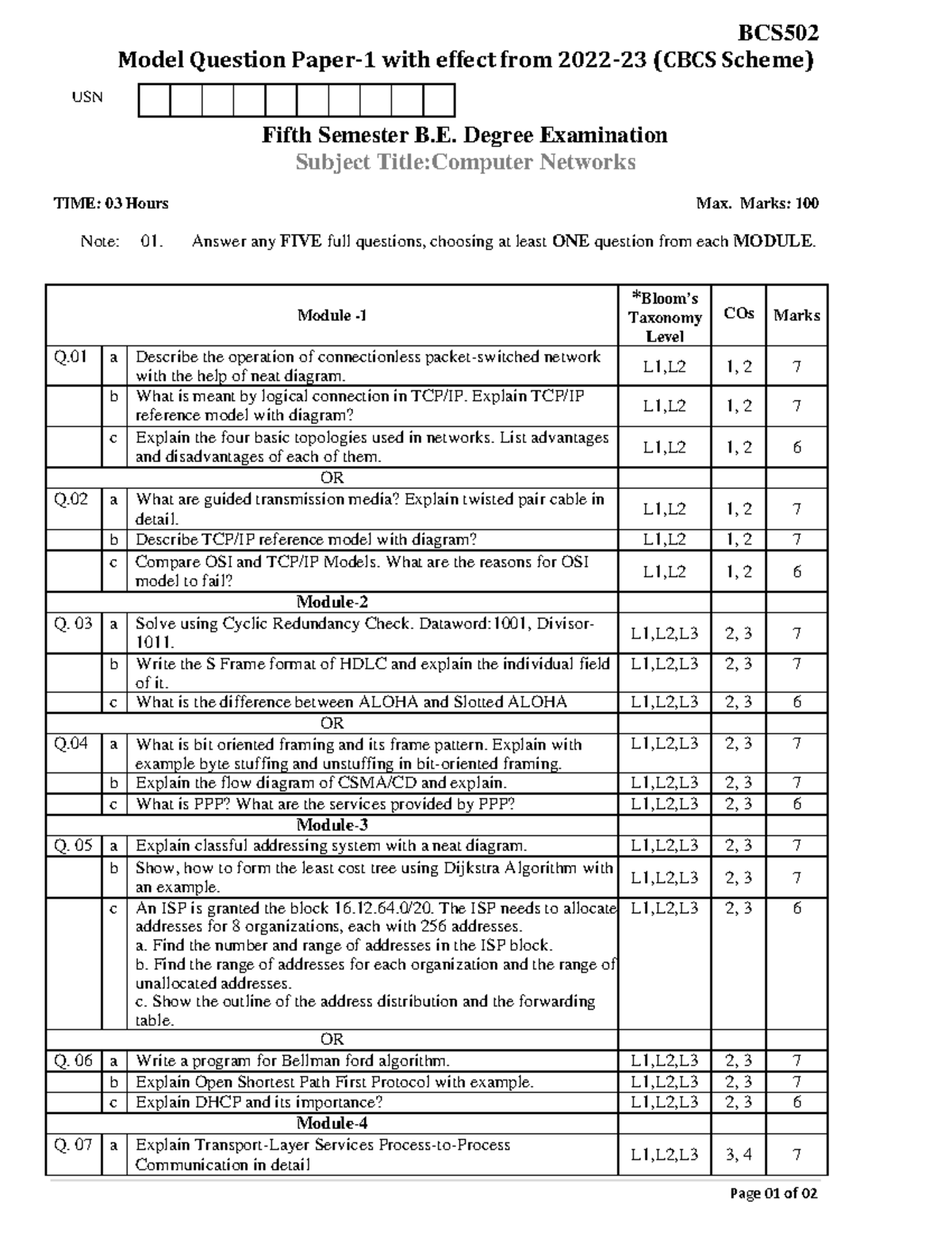 BCS502 Model Question Paper: Computer Networks (CBCS Scheme) - Studocu