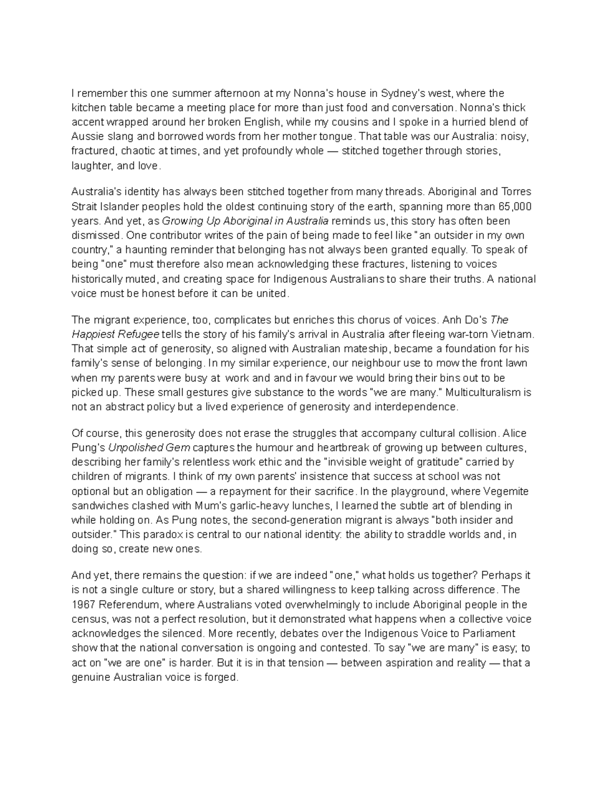 Year 11 Study Notes - Discursive Essay on Australian Voices - Studocu