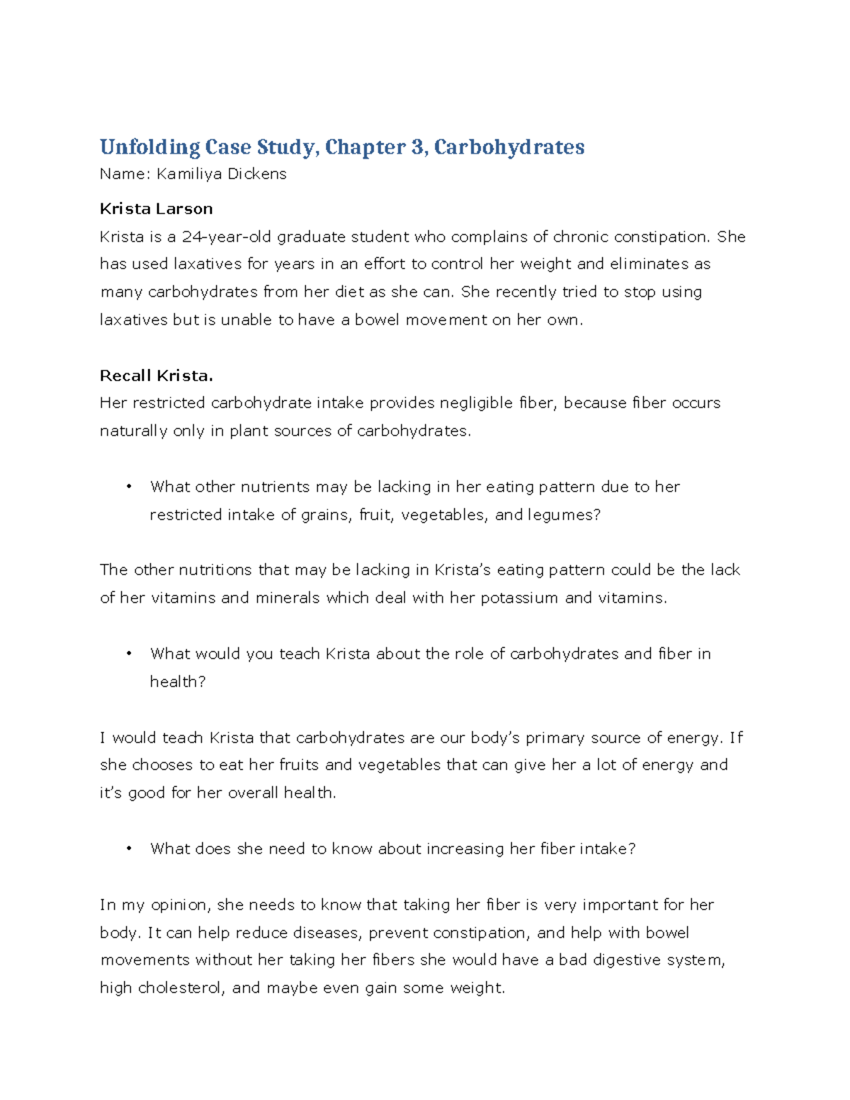 Chapter 3 Case Study 1: Krista's Carbohydrate Deficiency Issues - Studocu