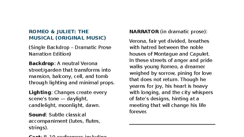 ROMEO & JULIET: THE MUSICAL SCRIPT (Dramatic Prose Edition) - Studocu