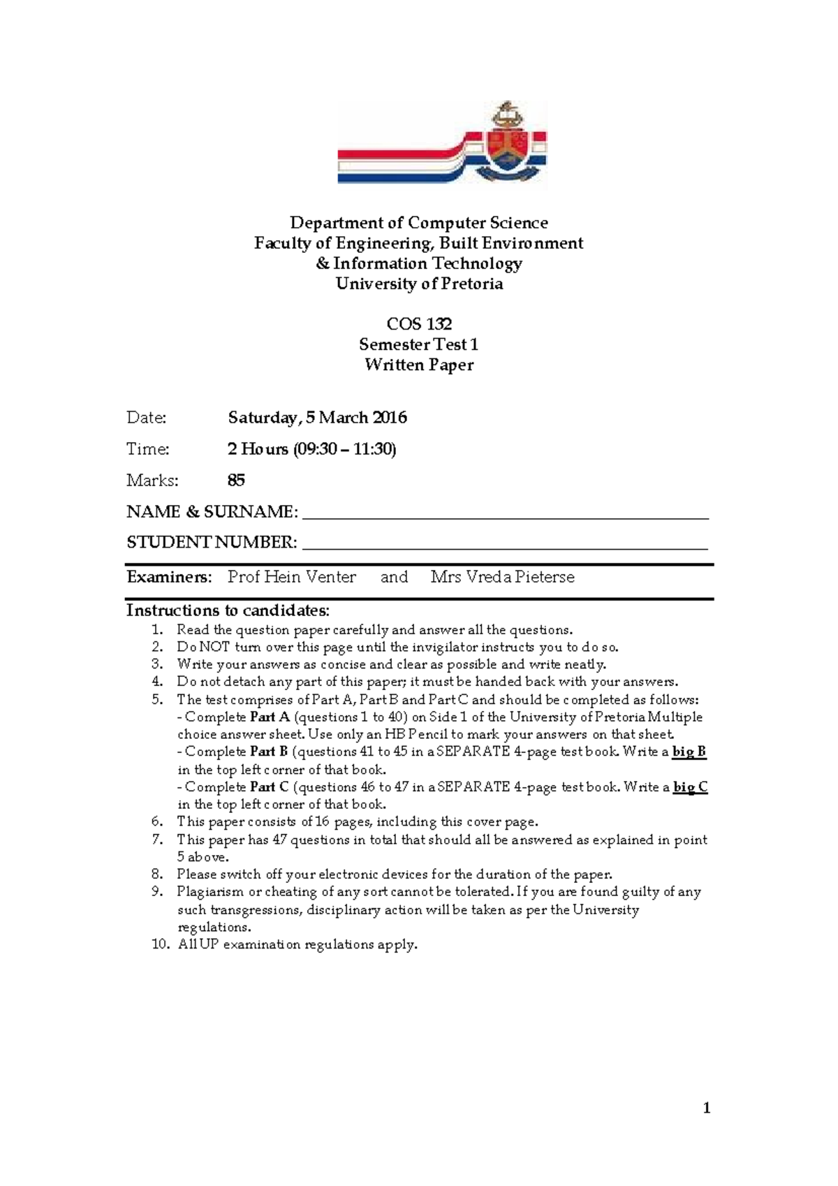 Semester Test 1 - 2016 - Department of Computer Science Faculty of ...