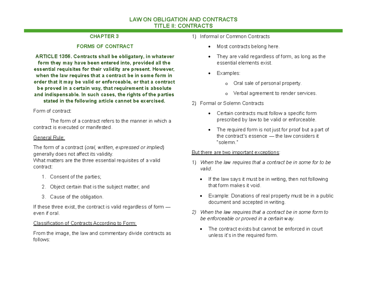 LAW ON OBLIGATION AND CONTRACTS (LAW 101) CHAPTER 3: FORMS OF CONTRACT ...