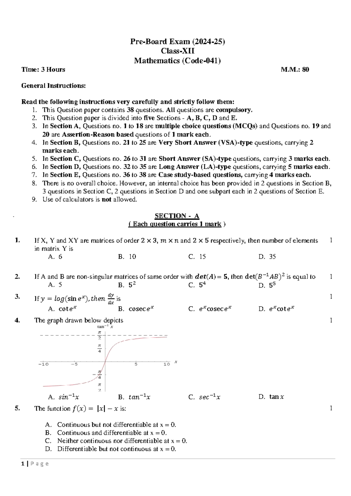Question Paper - 2024 (Class XII Maths) - Exam Format & Instructions ...