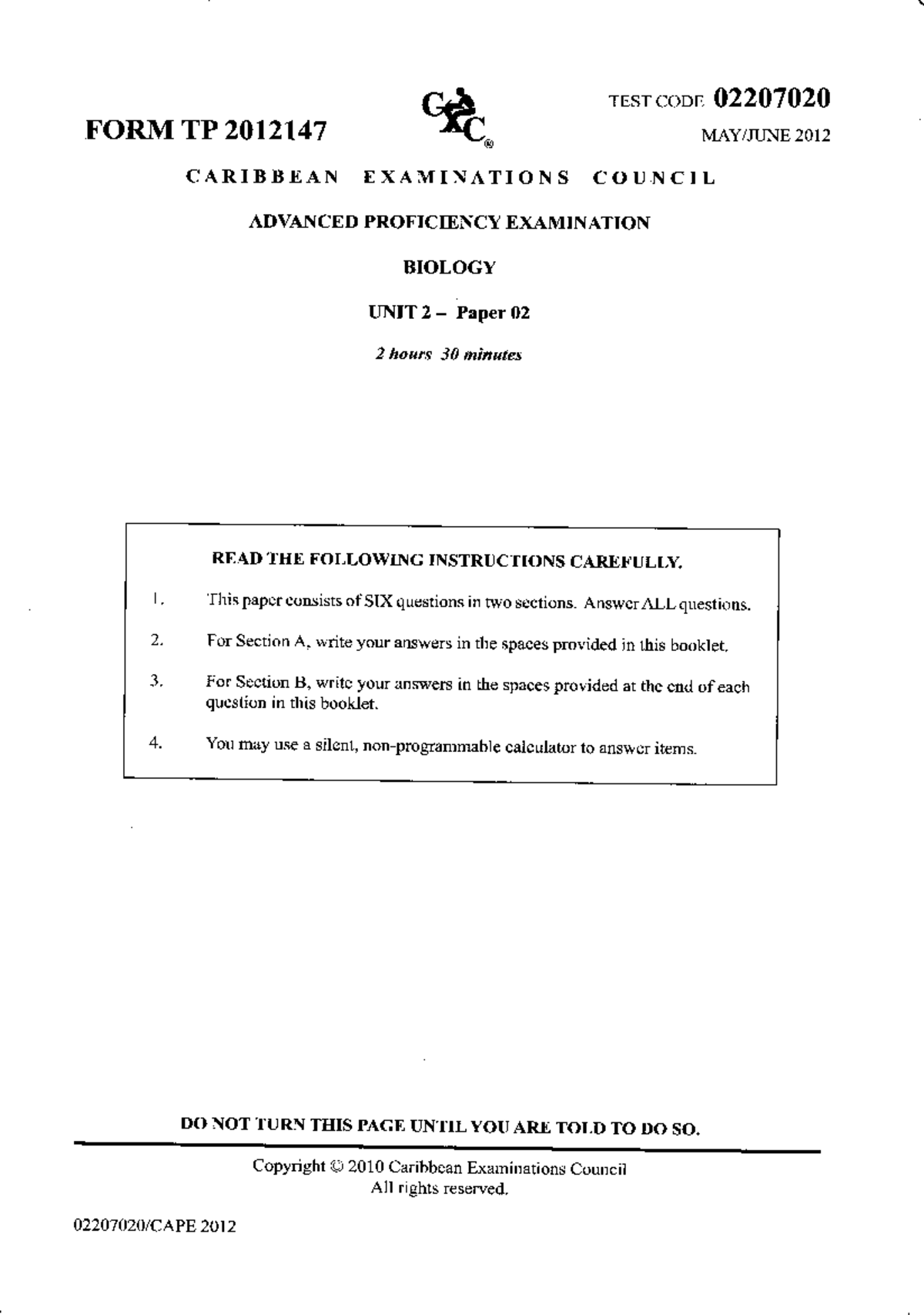 Biology 2012 CAPE Unit 2 Paper 2 - Comprehensive Exam Insights - Studocu
