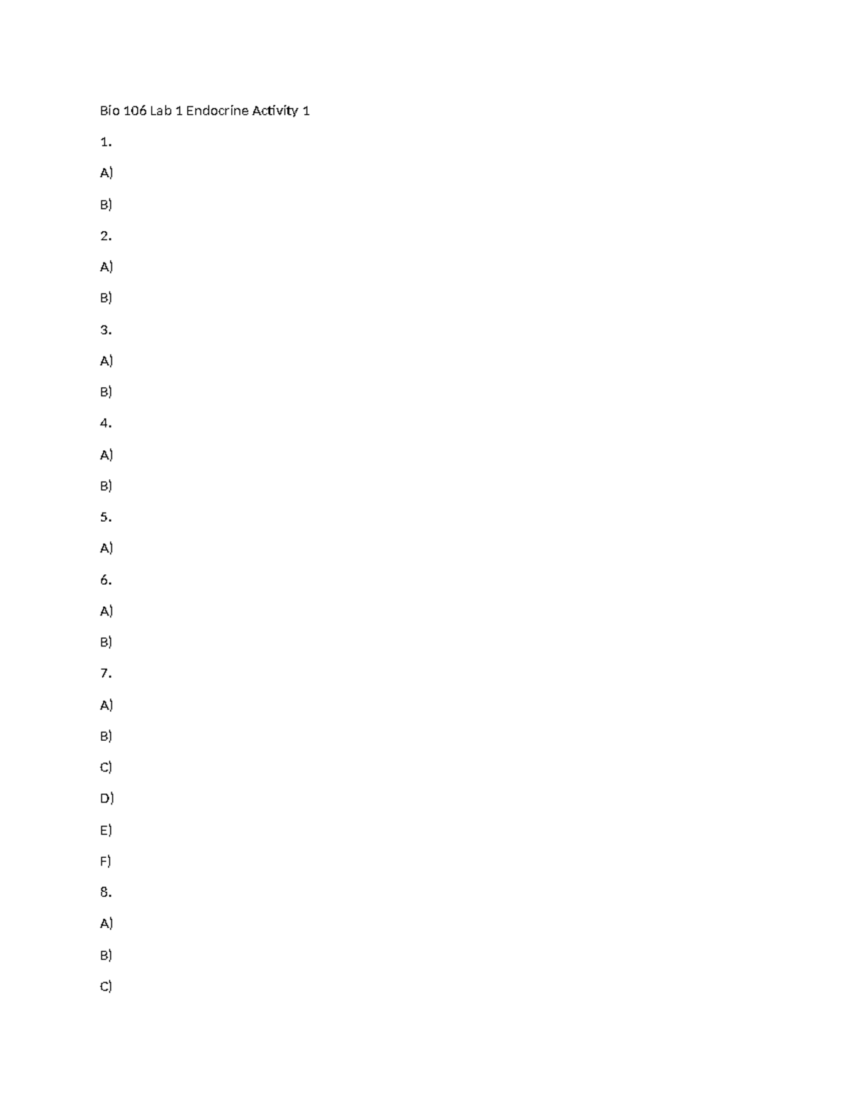 Bio 106 Lab 1 Endocrine Activity: Student Blank Template - Studocu