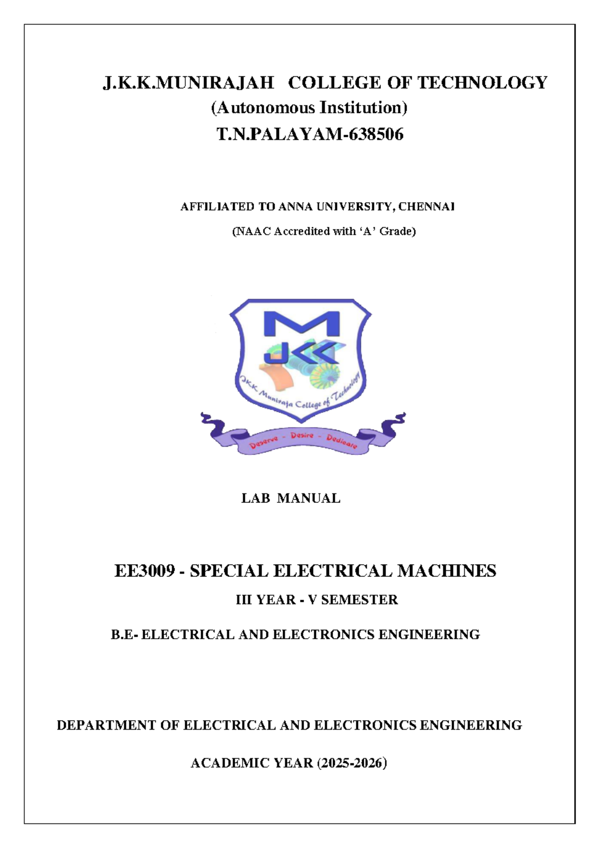 SEM LAB Manual EE3009 - Special Electrical Machines - Anna University ...