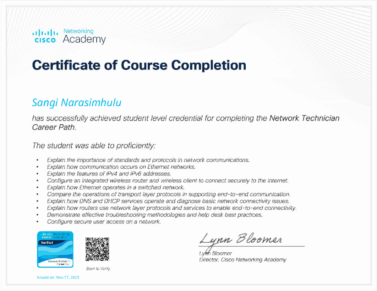 Networking CISCO Academy: Network Technician Career Path Completion ...