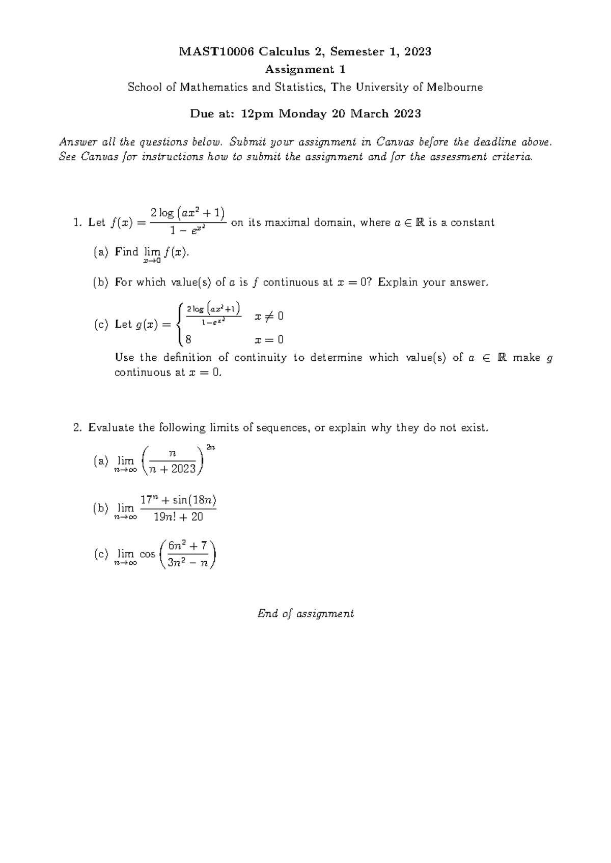 Assignment 1 MAST10006 2023s1 - MAST10006 Calculus 2, Semester 1, 2023 ...