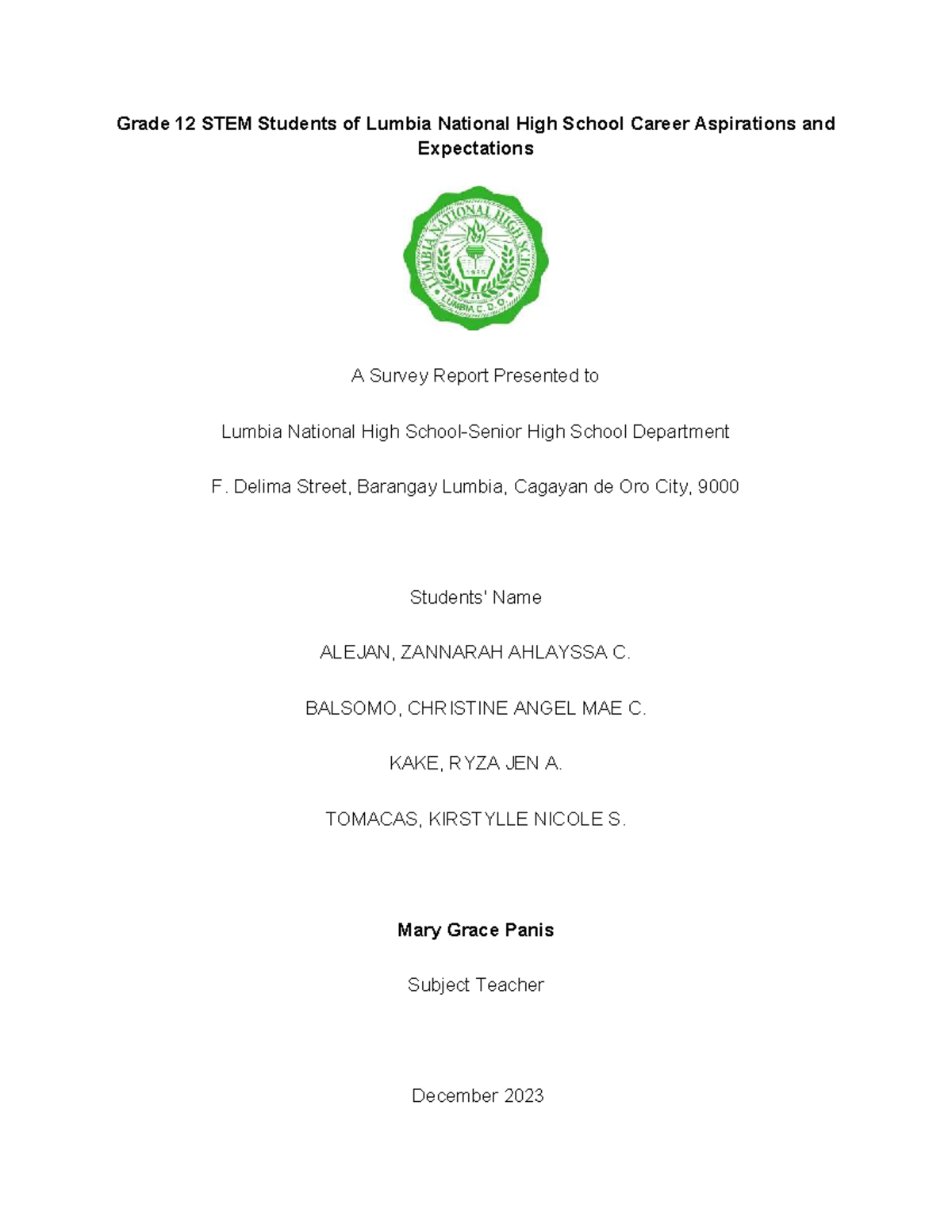 Grade 12 STEM Career Aspirations Survey Report - EAPP BCV - Studocu