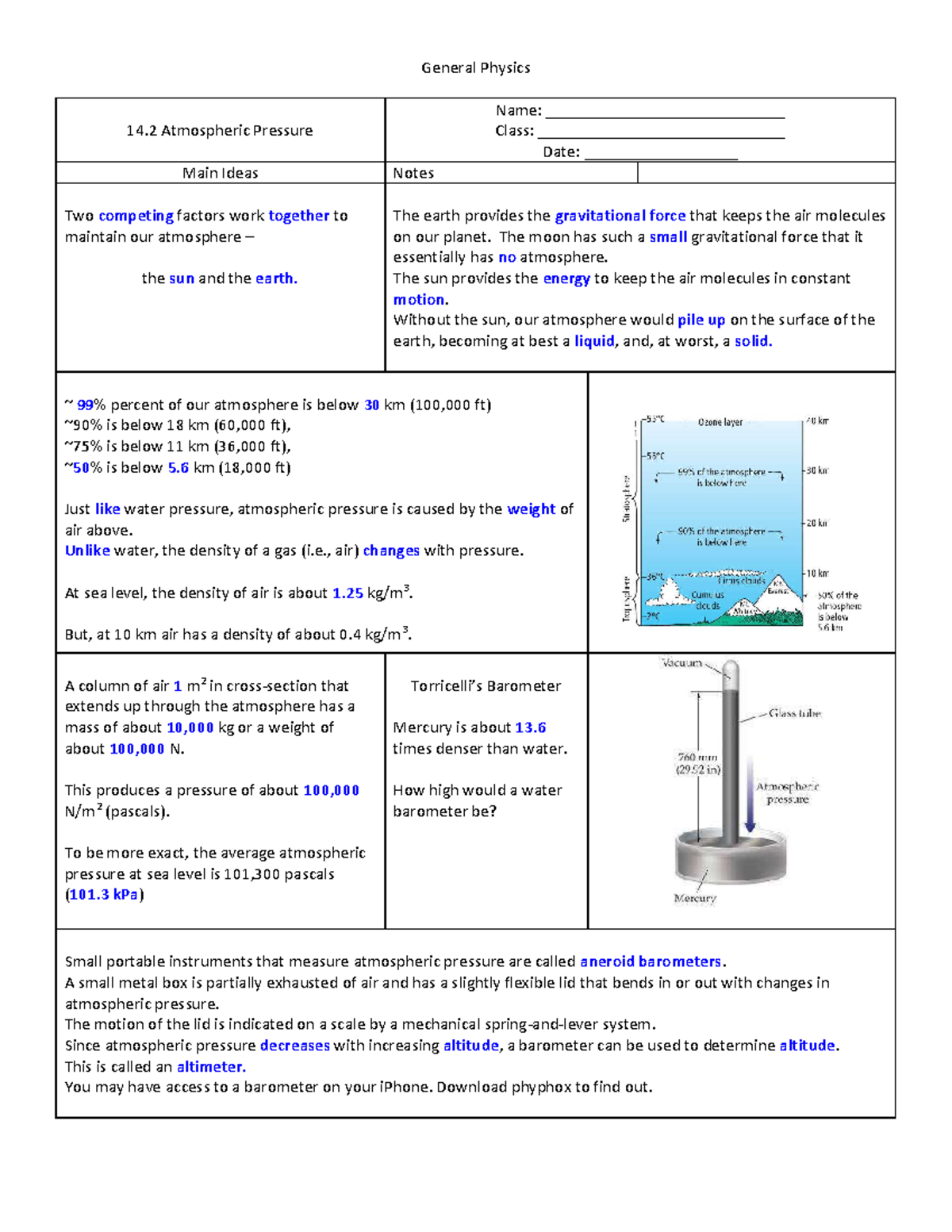 General Physics 14.2: Atmospheric Pressure Notes & Concepts - Studocu
