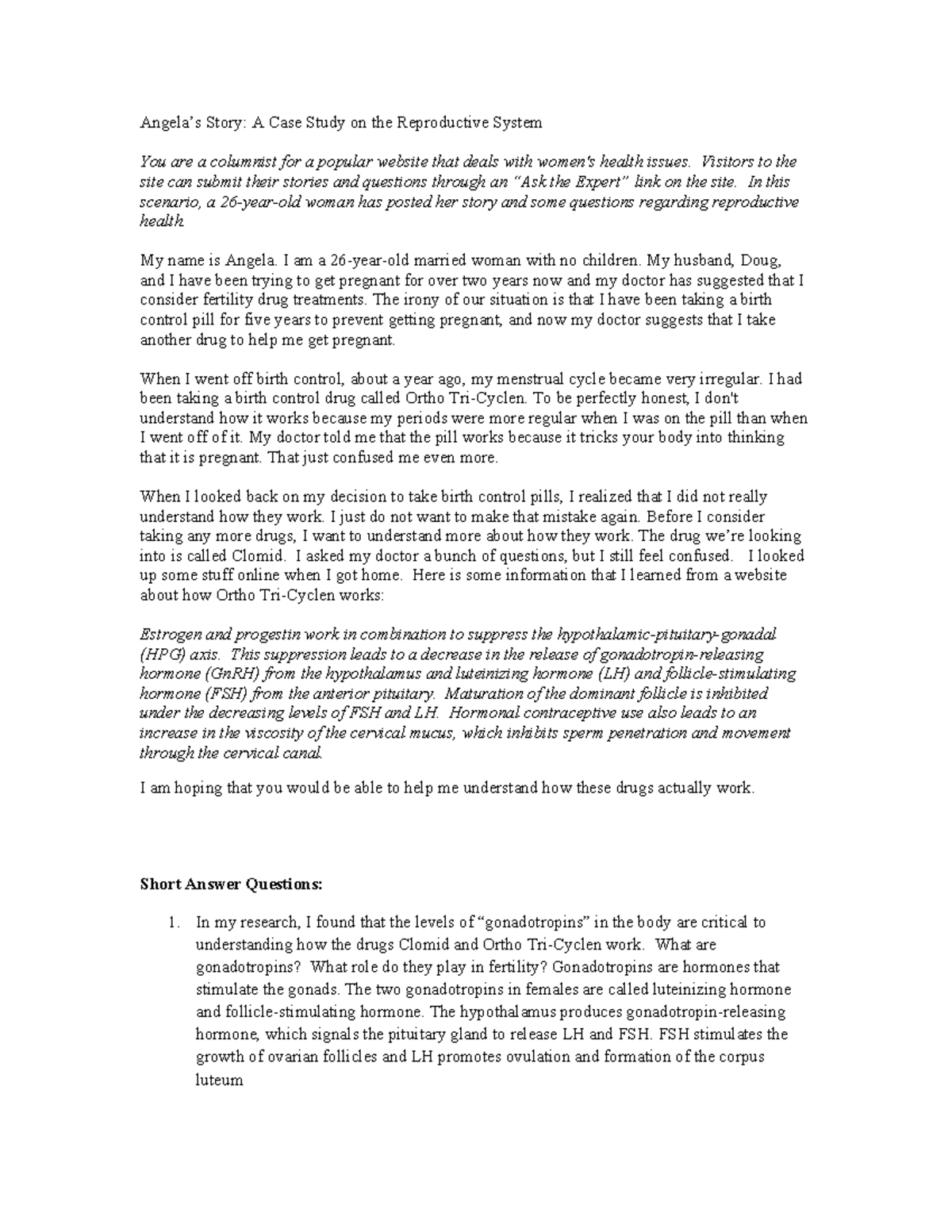 Lab 12 Reproductive Case History - Angela’s Story: A Case Study on the ...