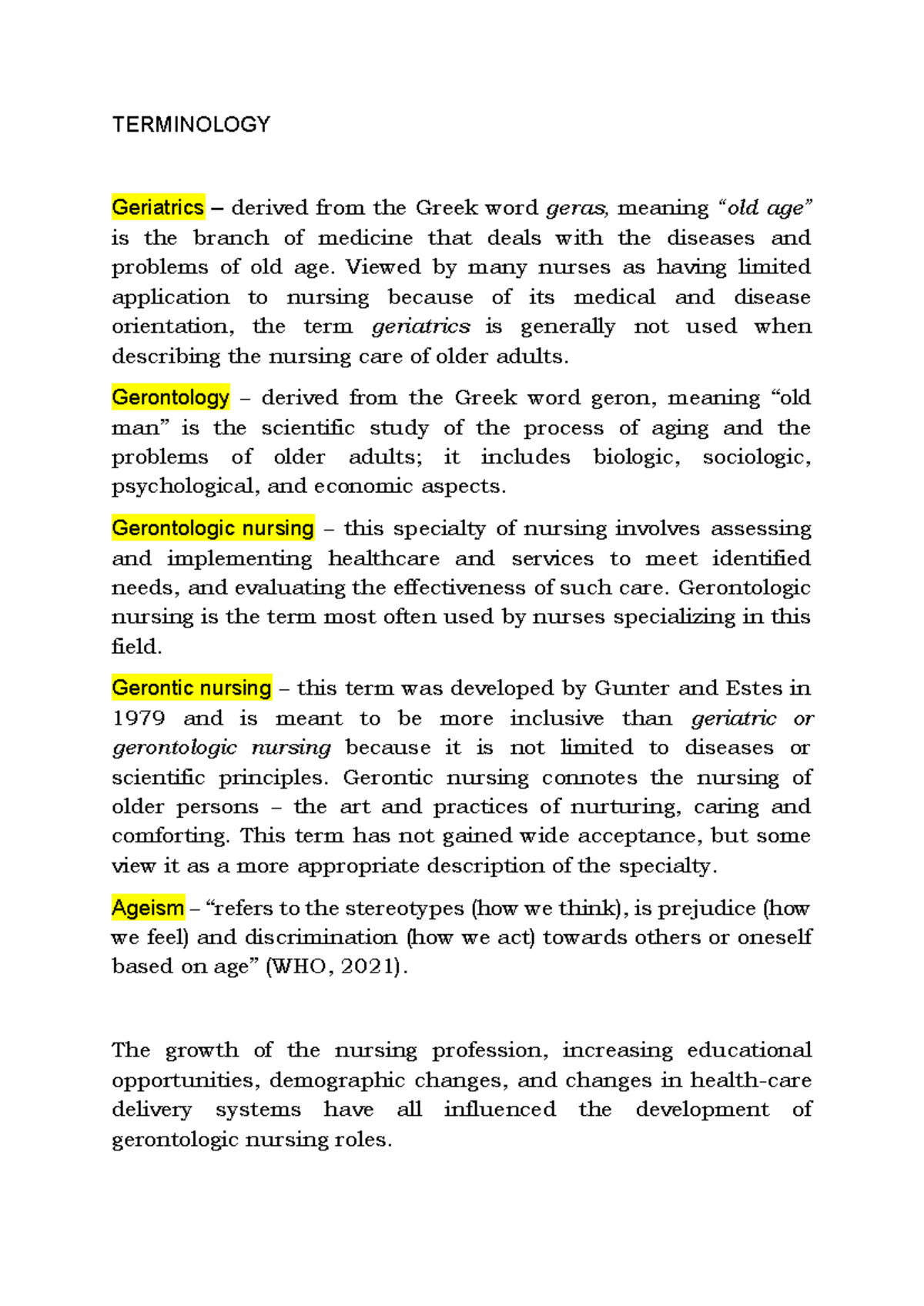 Geriatrics and Gerontologic Nursing Terminology Overview - Studocu