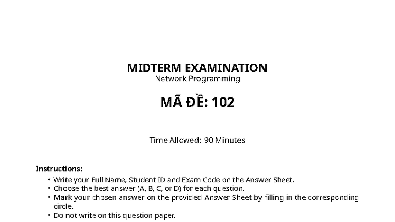 MIDTERM EXAMINATION Network Programming - Exam Code: 102 - Studocu