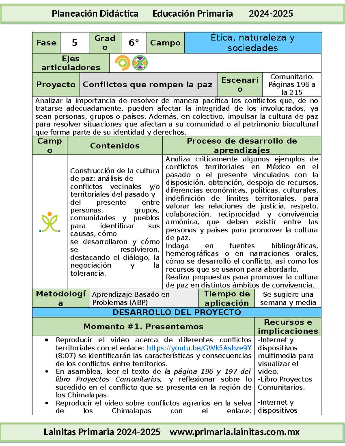 6to Grado Ética: Proyecto sobre Conflictos que Rompen la Paz (2024-2025 ...