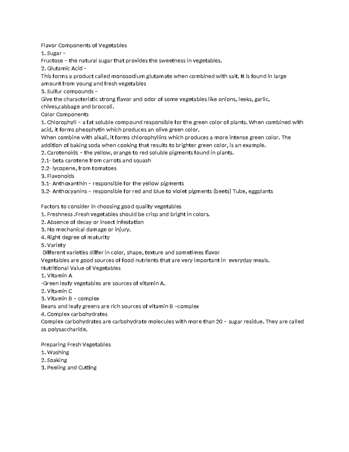 Grade 10 - Lecture Notes on Vegetable Flavor & Nutritional Components ...