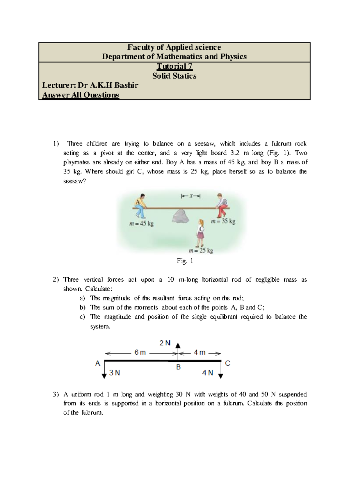 Cput tutorial 7 Solid Statics - Faculty of Applied science Department ...