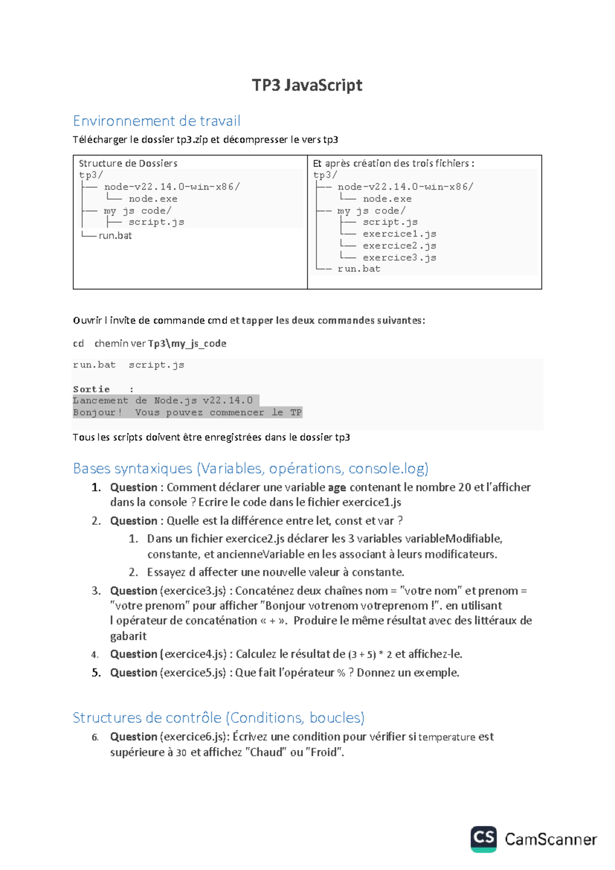 TP3 JavaScript: Guide Complet pour le Développement et Exercices - Studocu