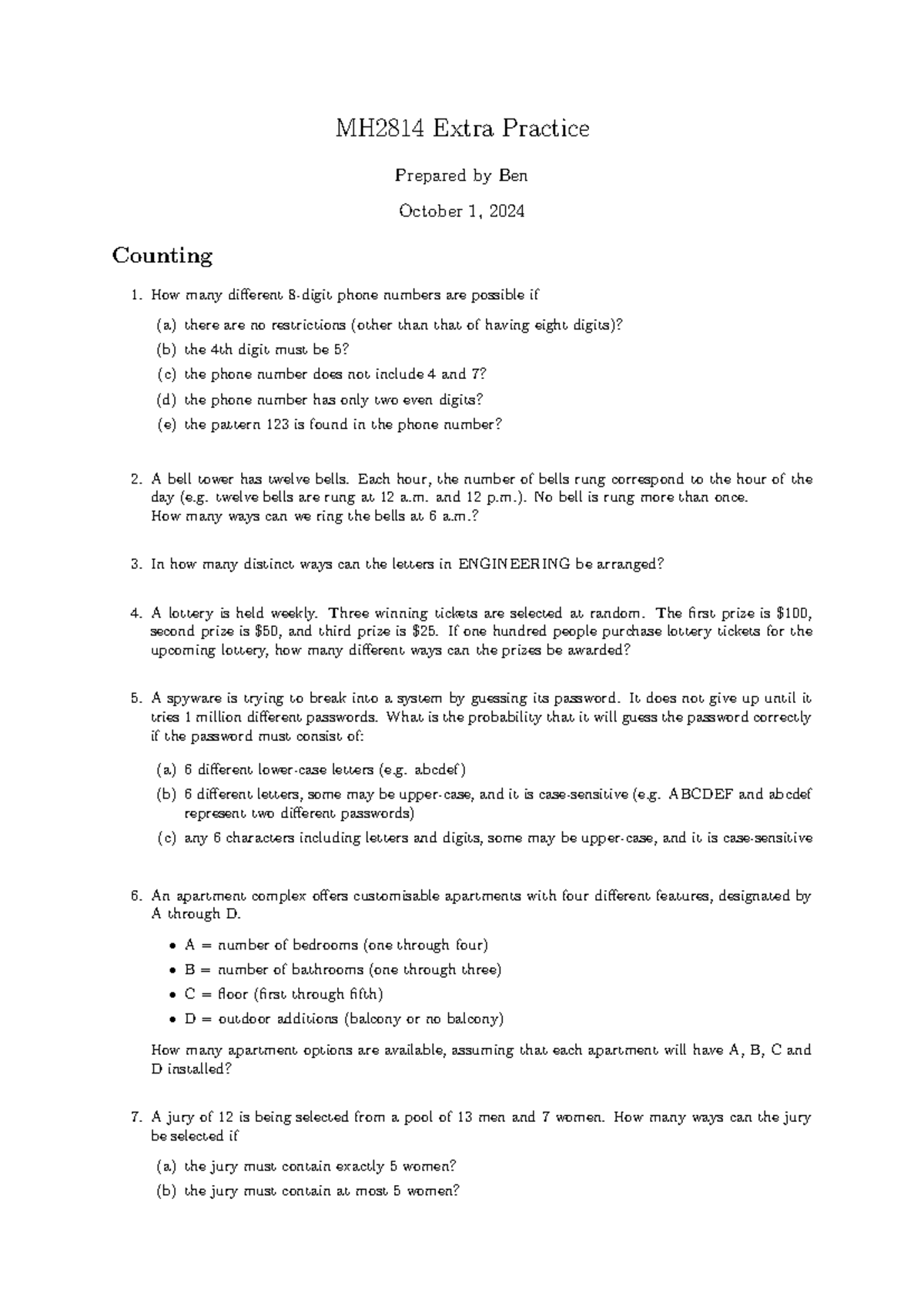 Mh2814 Extra Practice Probability Combinatorics Problems Studocu