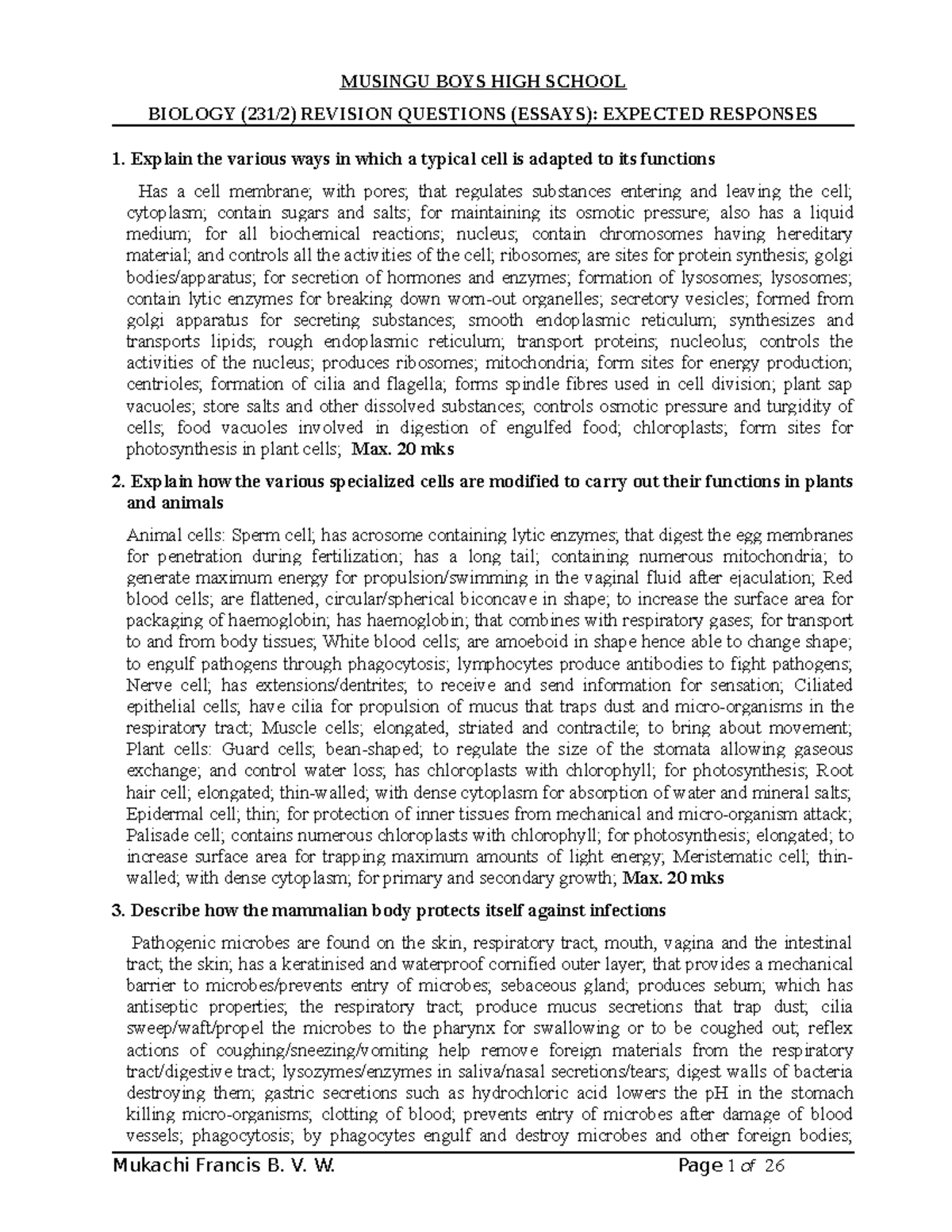 Biology (231/2) Revision Questions: Expected Responses for Essays - Studocu