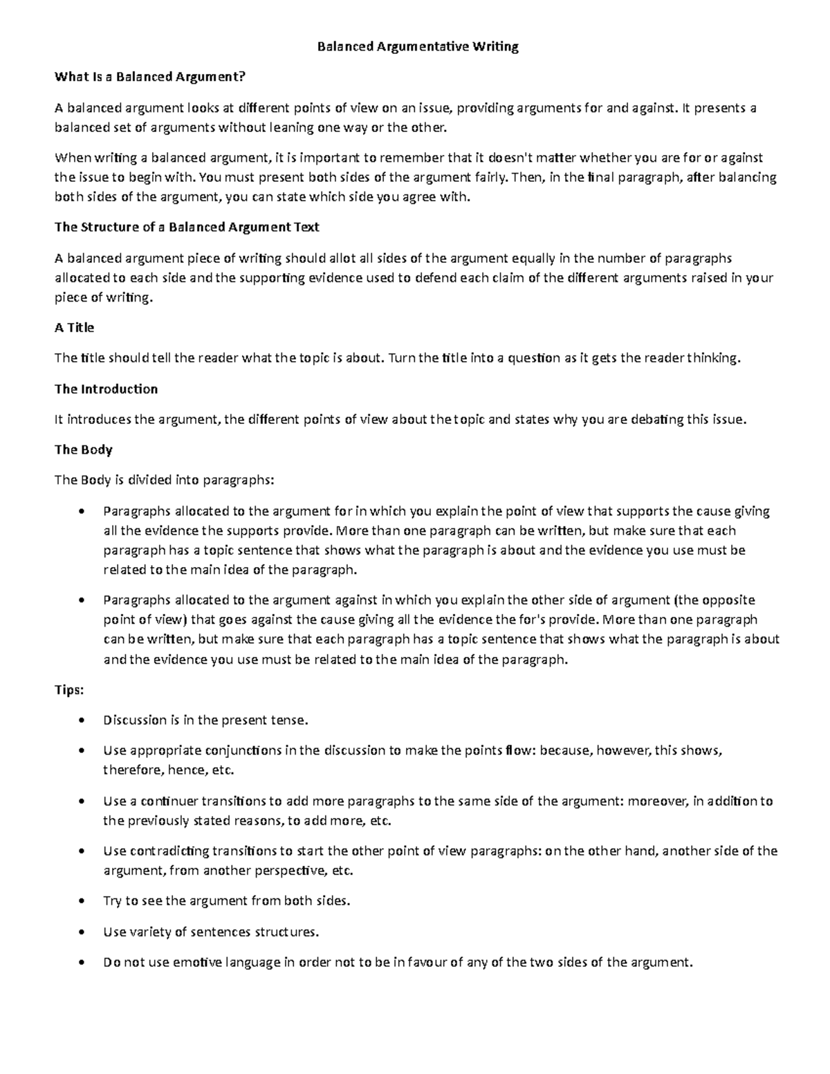 Balanced Argumentative Writing: Key Features and Structure Guide - Studocu
