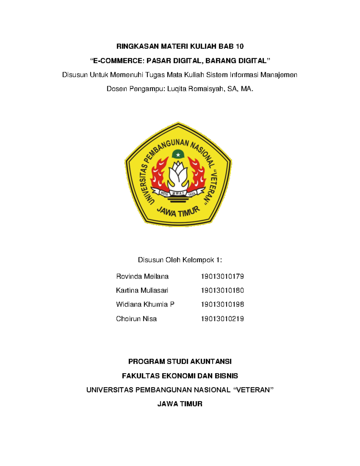 SIM RMK Bab 10 Kelompok 1 Kelas C - RINGKASAN MATERI KULIAH BAB 10 “E-COMMERCE: PASAR DIGITAL ...