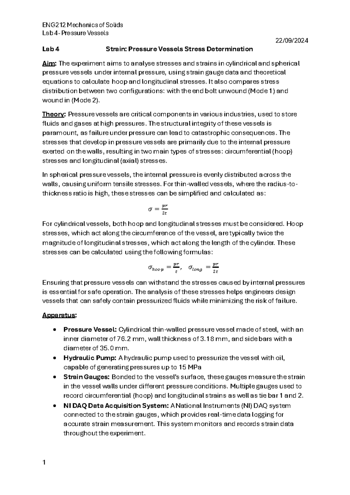 ENG212 Mechanics of Solids Lab 4: Stress Analysis in Pressure Vessels ...