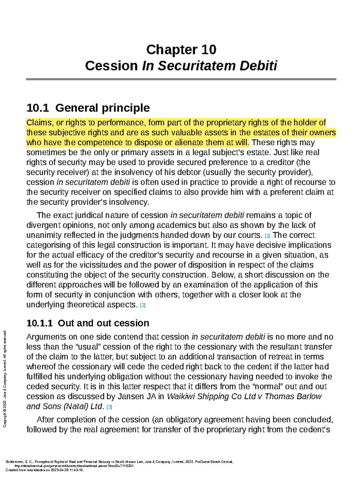 Chapter 10: Cession in Securitatem Debiti - Principles and Implications ...