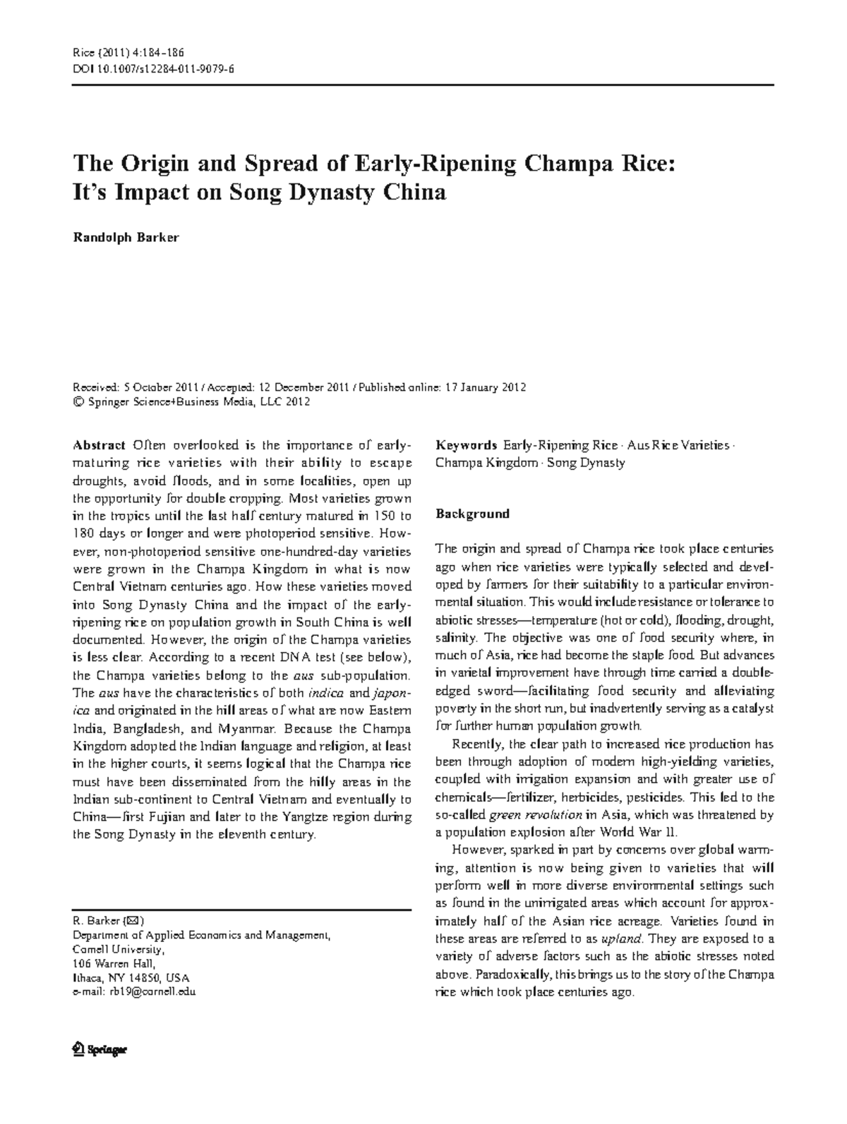 The Origin and Spread of Champa Rice in Song Dynasty China (AGRI 2011 ...