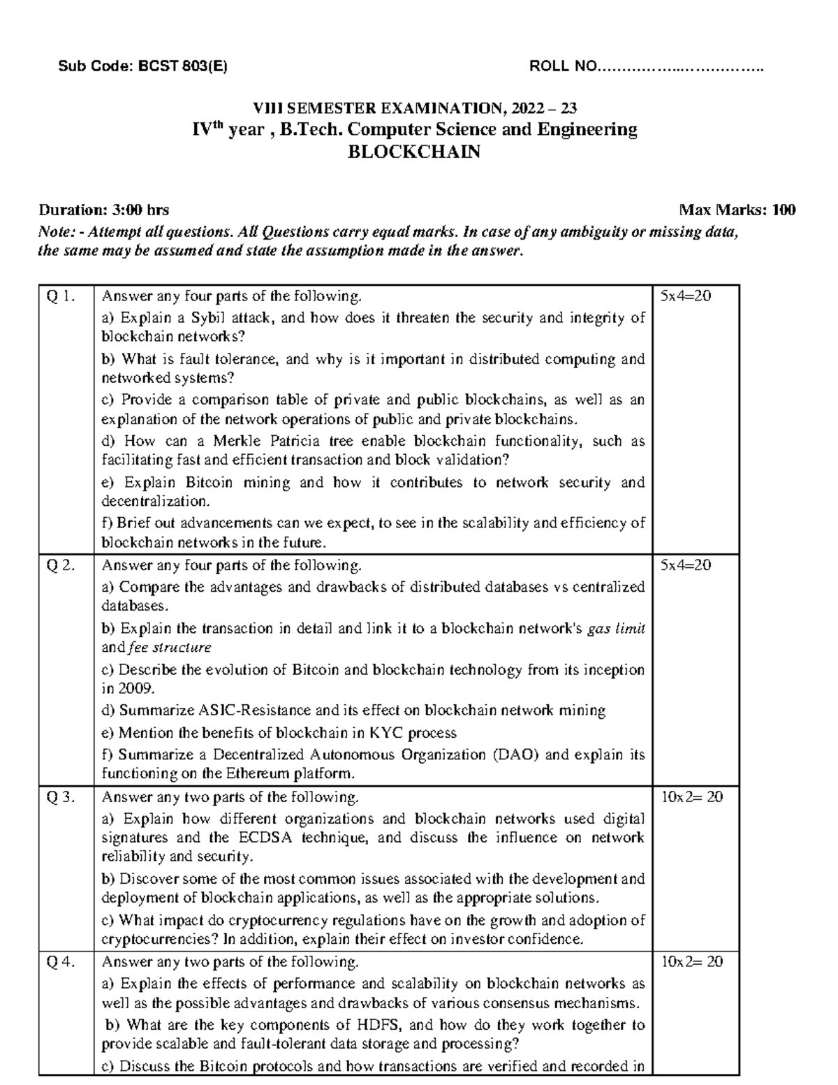 Sub Code: BCST 803(E) Final Exam Notes on Blockchain - 2022-23 - Studocu