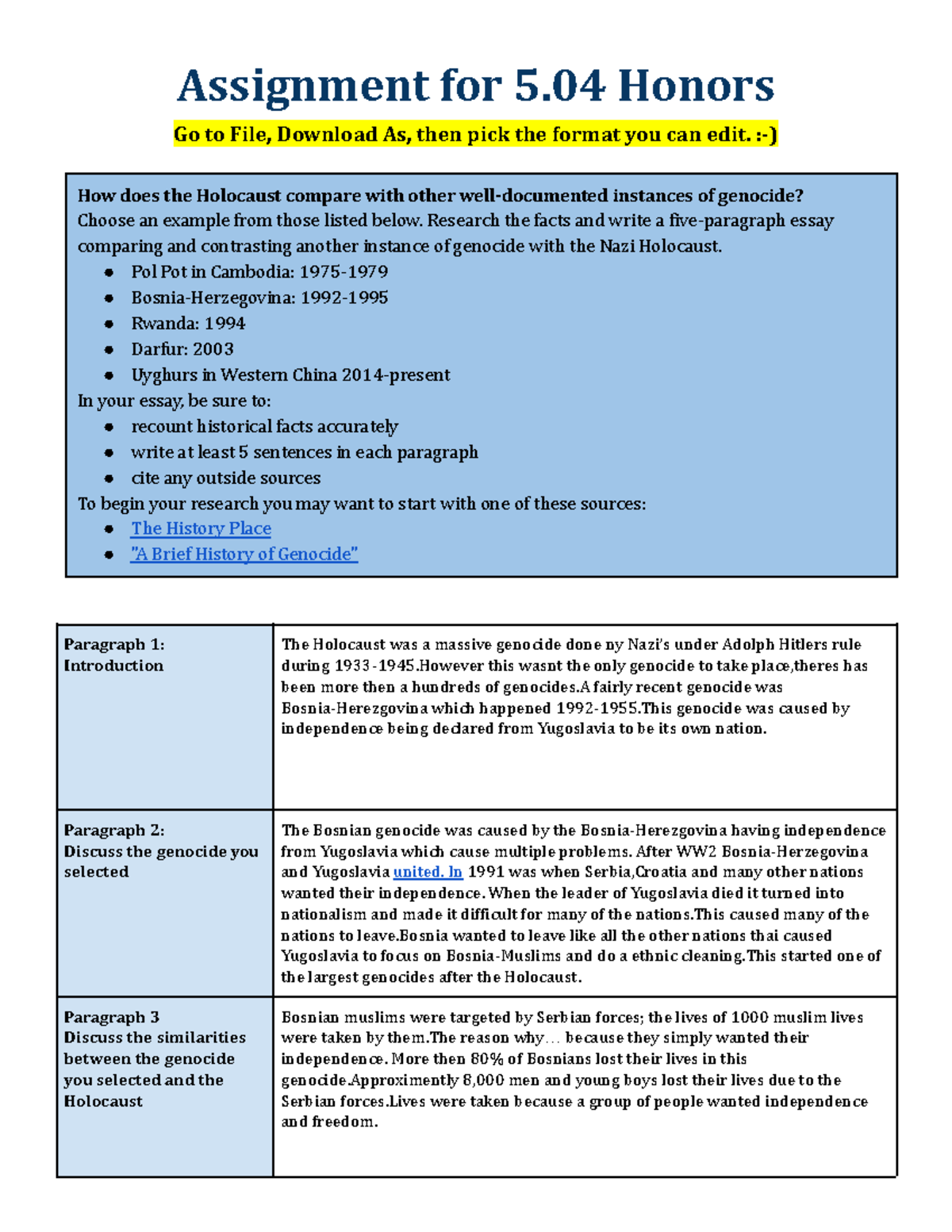 Comparative Essay on Genocides: Holocaust vs. Bosnian Genocide (USH 5 ...