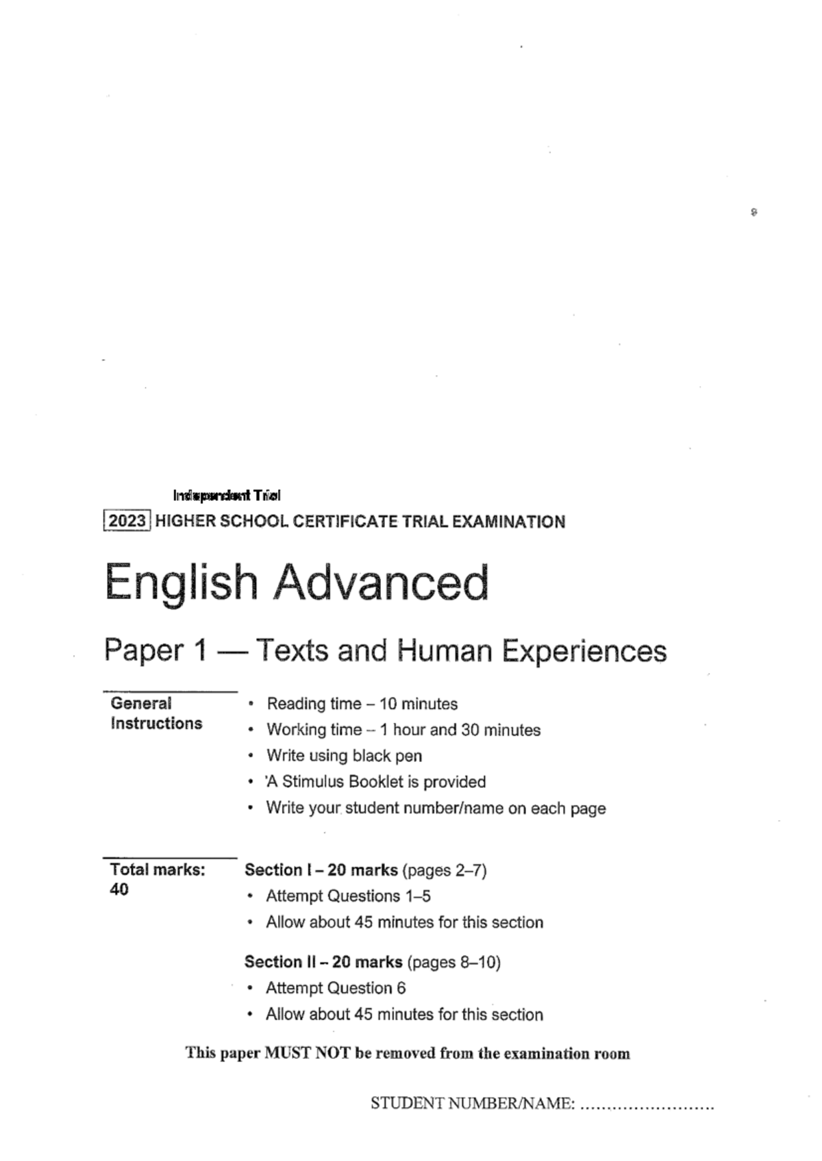 2023 HSC Trial Exam: English Advanced Paper 1 - Answers & Section II ...