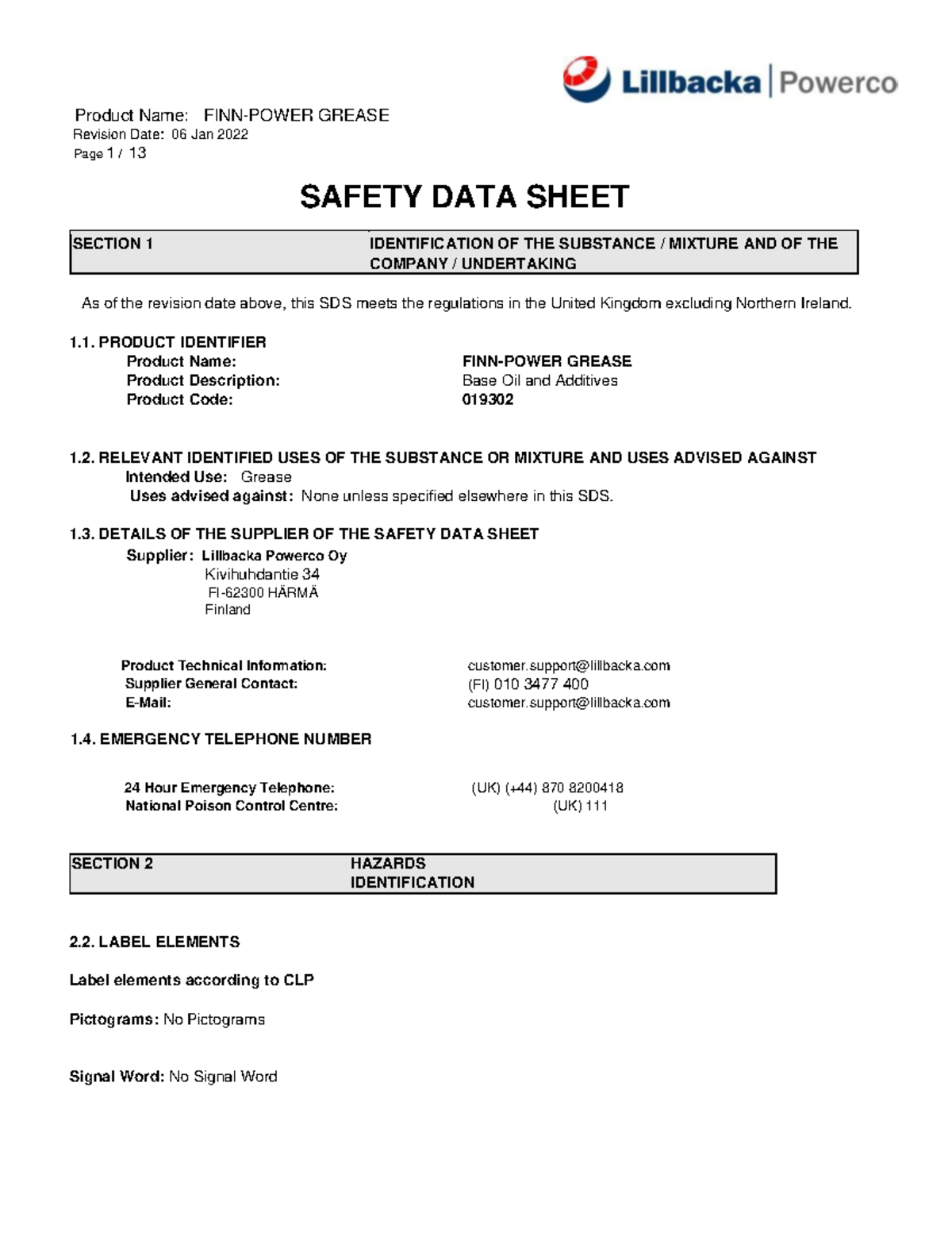 Safety Data Sheet (SDS) for GREASE - Product Code 019302 - Studocu