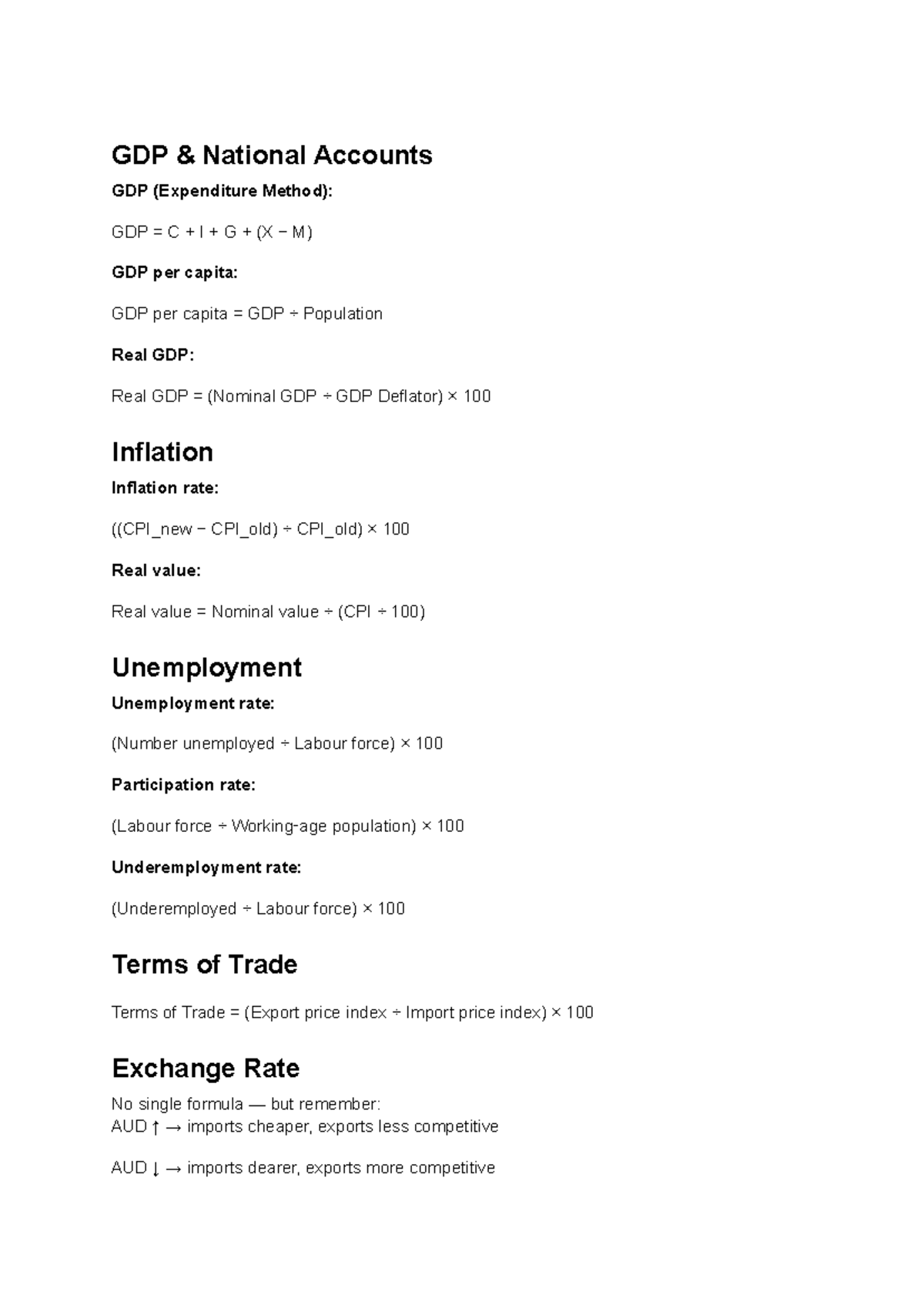 Economics Formula Sheet: GDP, Inflation, Unemployment & Trade - Studocu