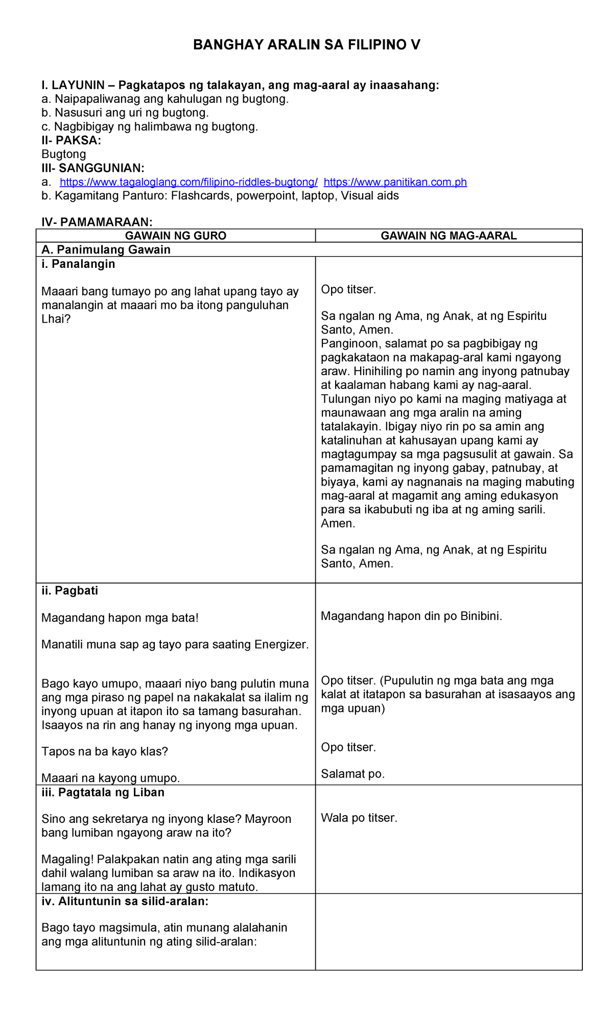 Lesson Plan in Tfil bugtong 1 - BANGHAY ARALIN SA FILIPINO V I. LAYUNIN ...