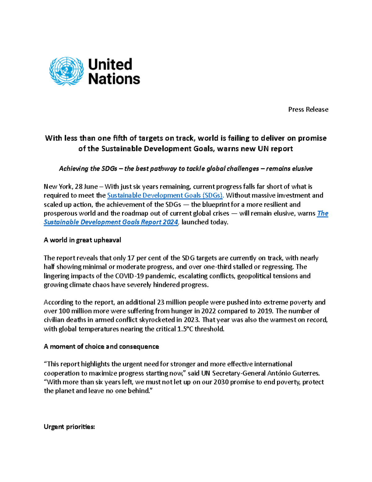 SDG Report 2024 Press Release EN - Press Release With less than one ...