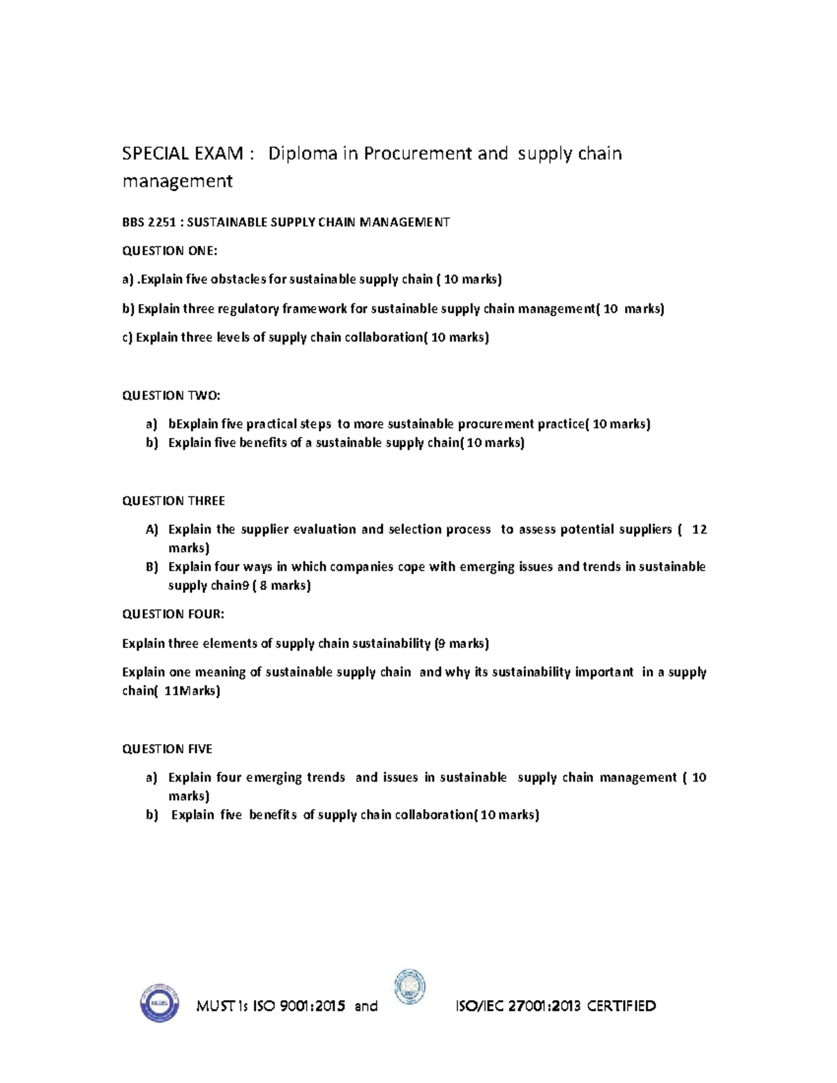 SPECIAL EXAM: BBS 2251 - Sustainable Supply Chain Management Insights ...